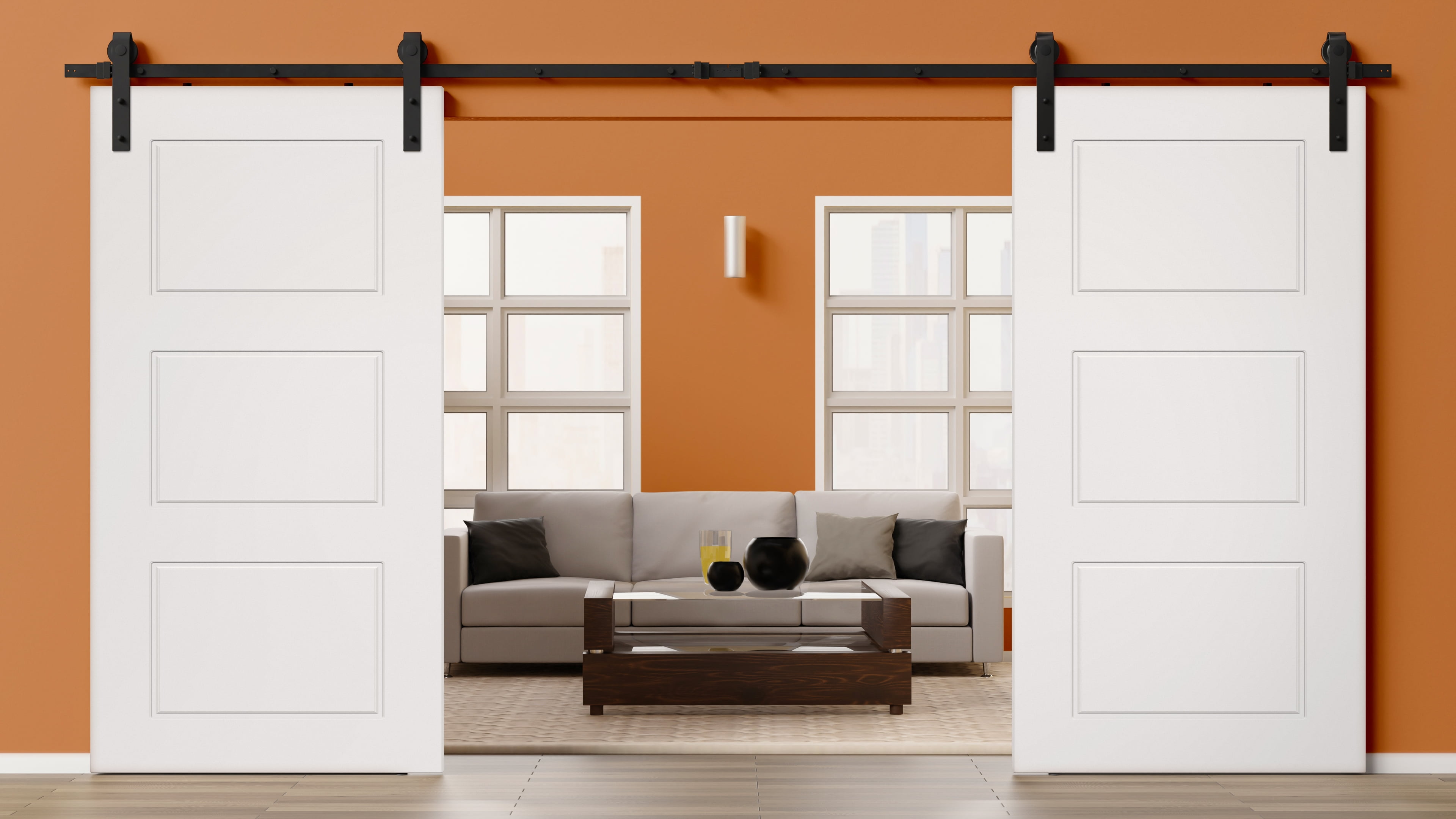 Villar Home Designs Prefinished 3-Panel Cloud White Wood Double Barn ...