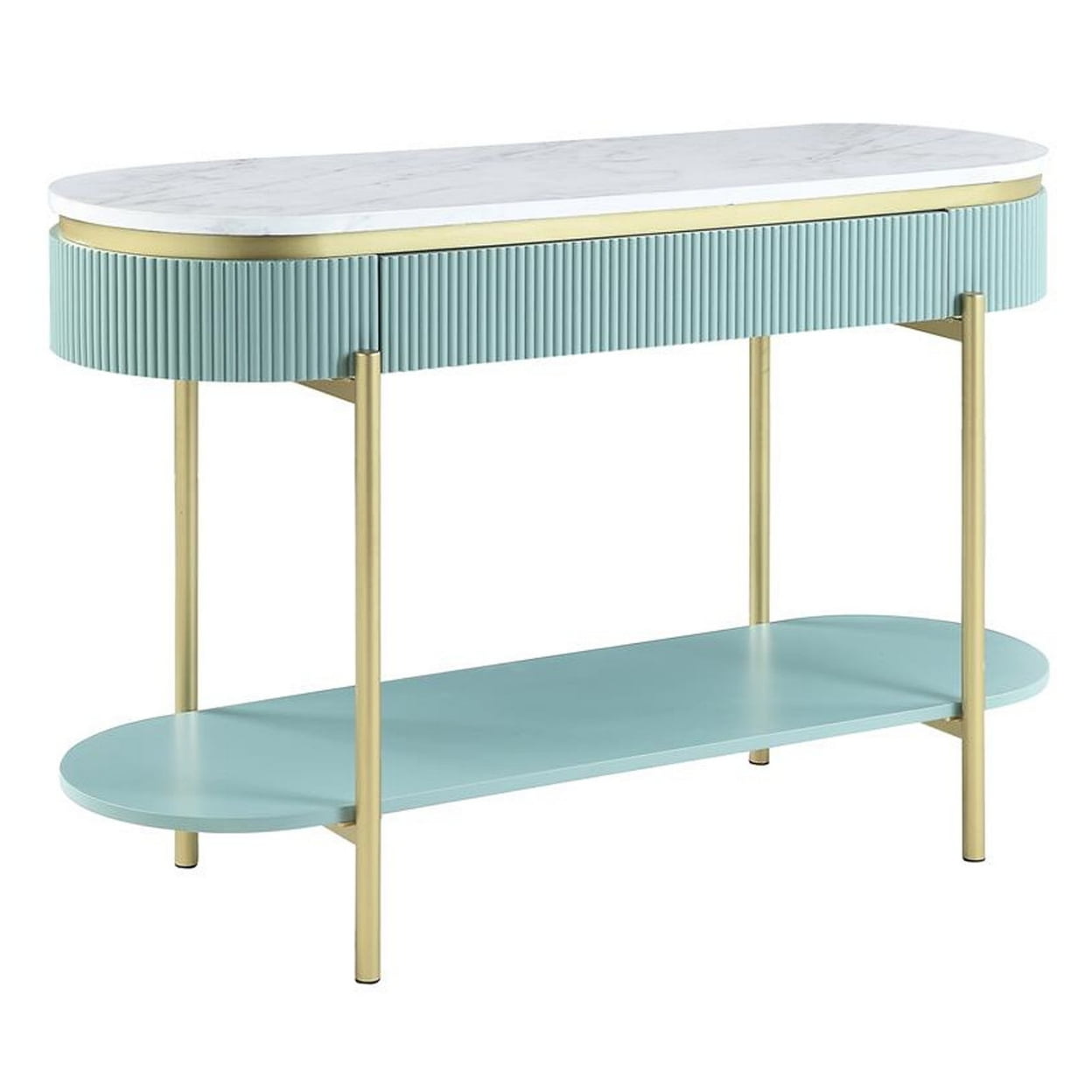 Ville 48 Inch Sofa Console Table White Faux Marble Top Teal Reeded Edge ...