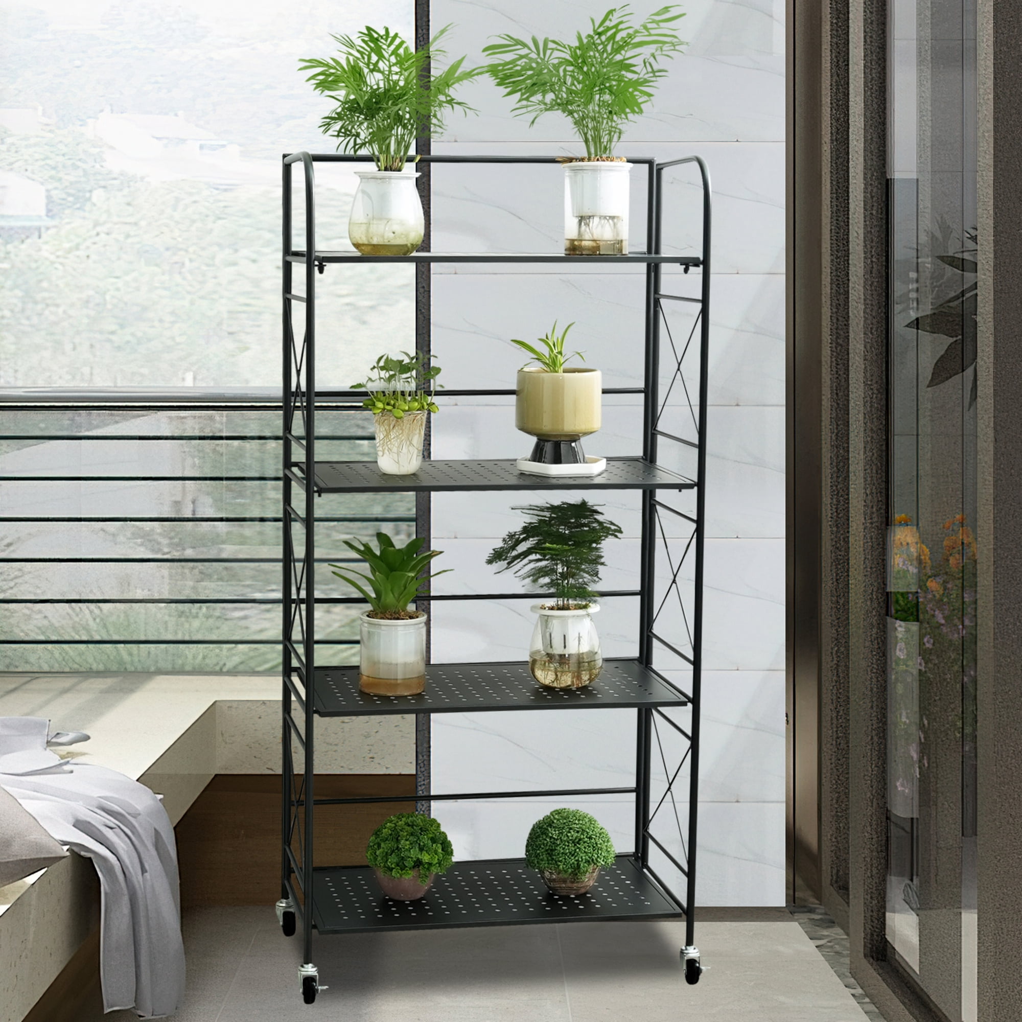 Villertech 4 Tier Folding Metal Shelf with Wheels,Kitchen,study,Garage ...