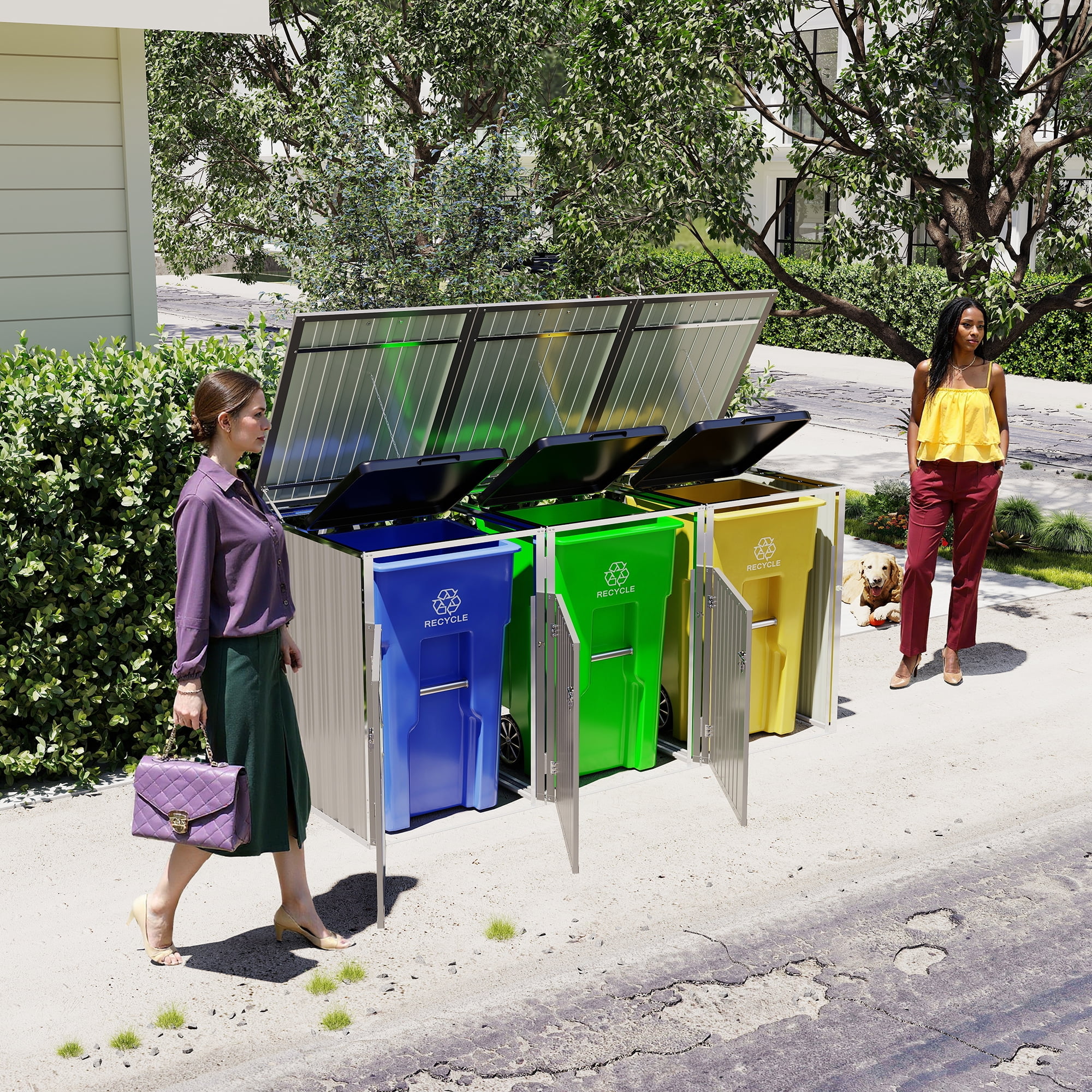 Villeston 3 Trash Cans Metal Outdoor Storage, Garbage Bin Storage Shed ...