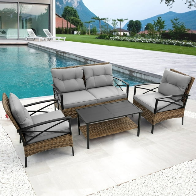 Villeston 4 Piece Wicker Conversation Sets, Ratten Sofa and Table for ...