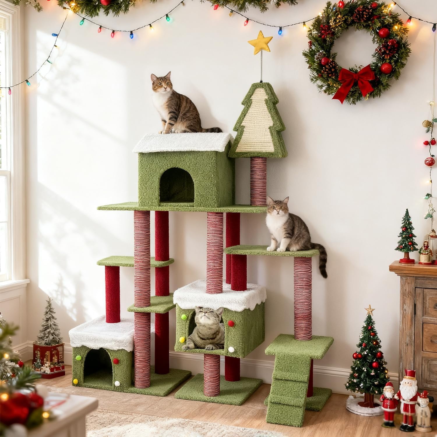 Villeston 74" Large Cat Tree and Tower, Christmas Condo House with ...