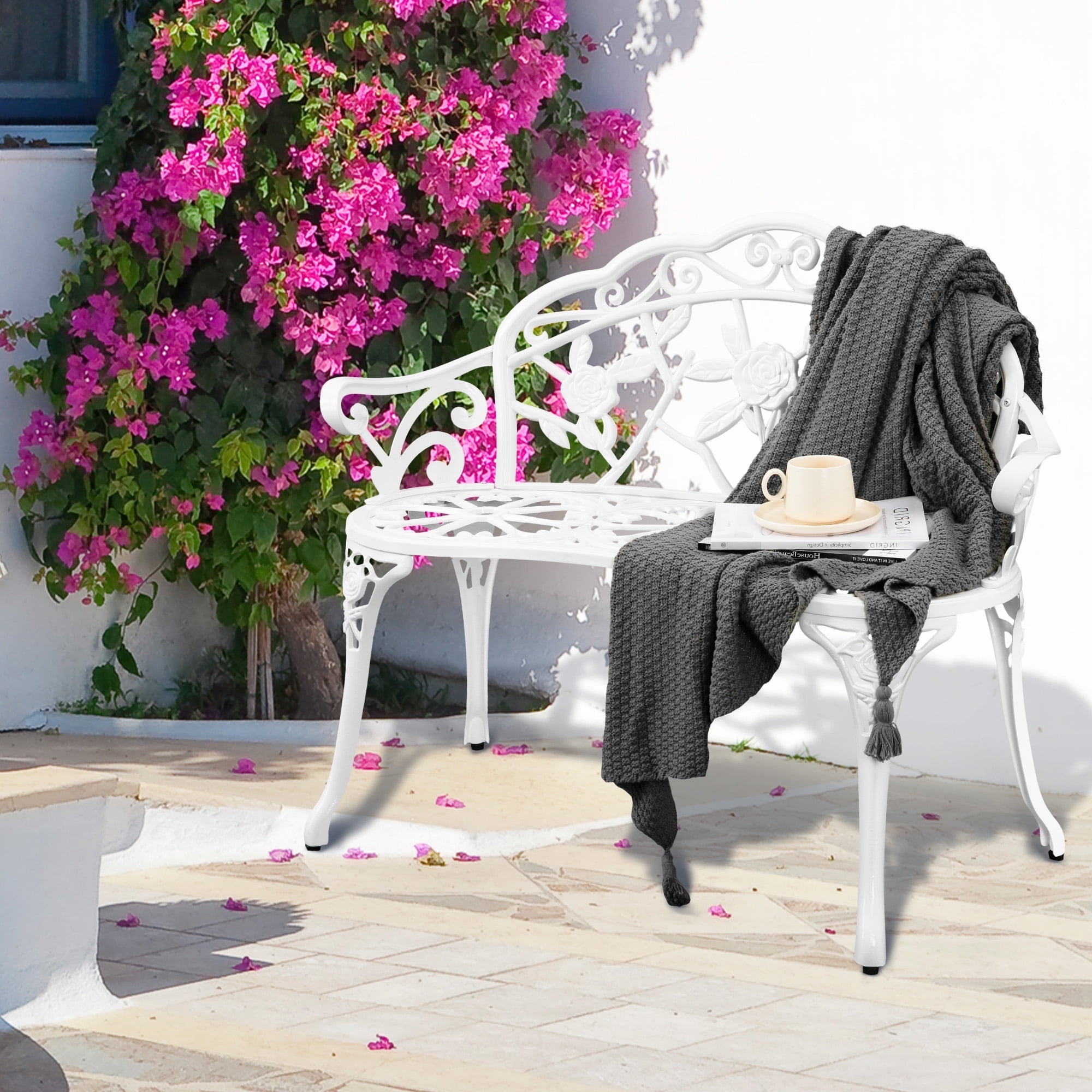 Villeston Patio Outdoor Bench,White Cast-Aluminum Garden Benches Metal ...