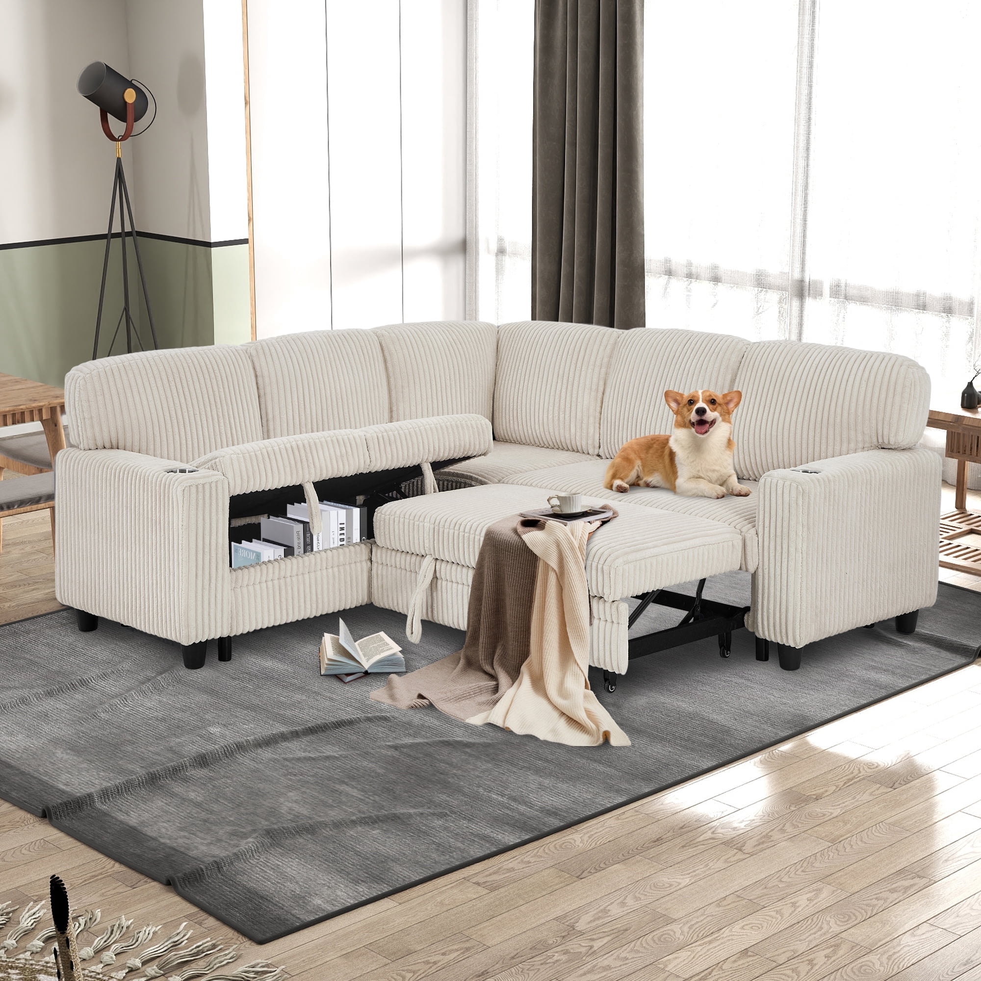 Villeston Plush Corduroy Sleeper Sofa Bed with Storage Seat, Pull Out ...