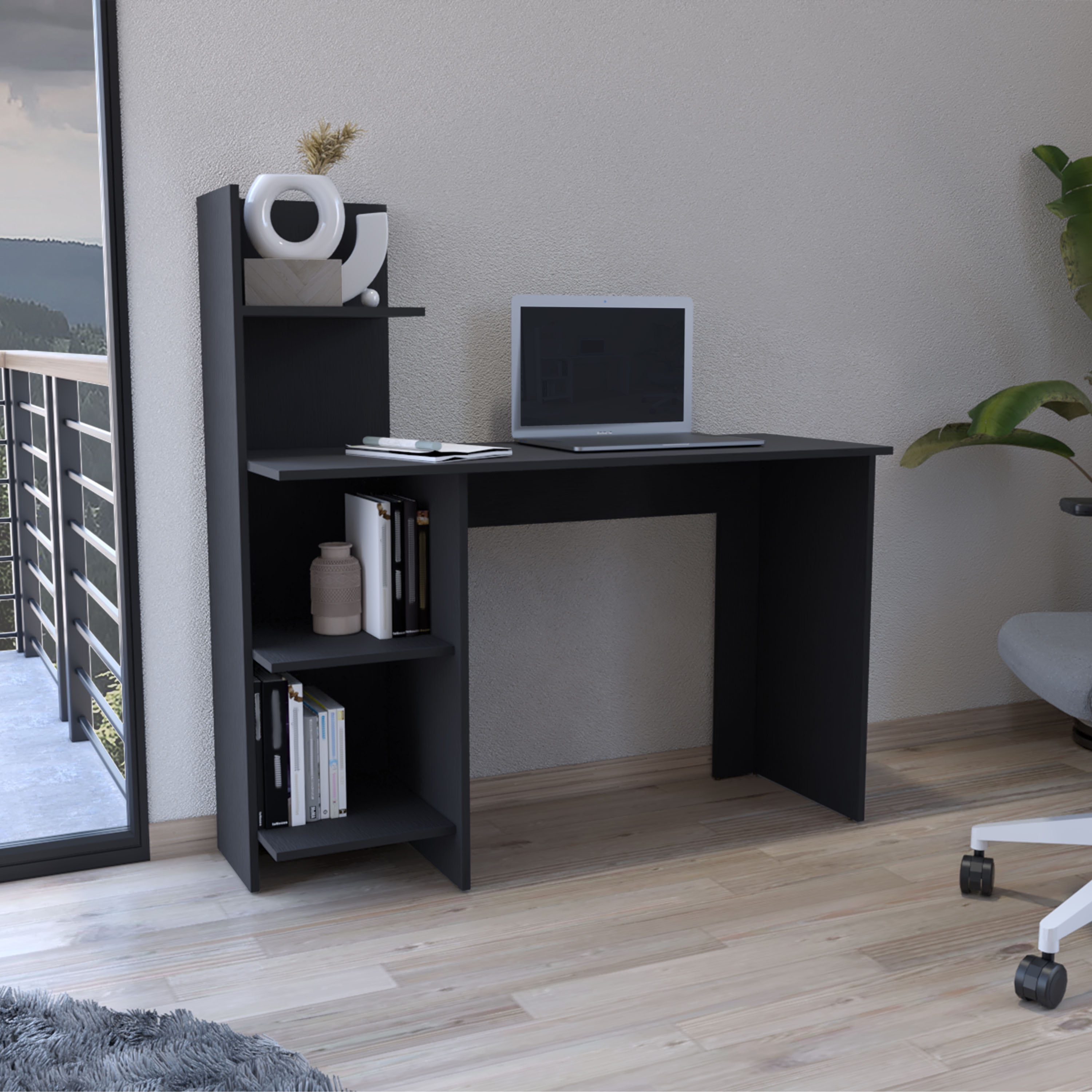 Vilna 120 Writing Desk,Four Shelves,Black Engineered Wood Furniture ...