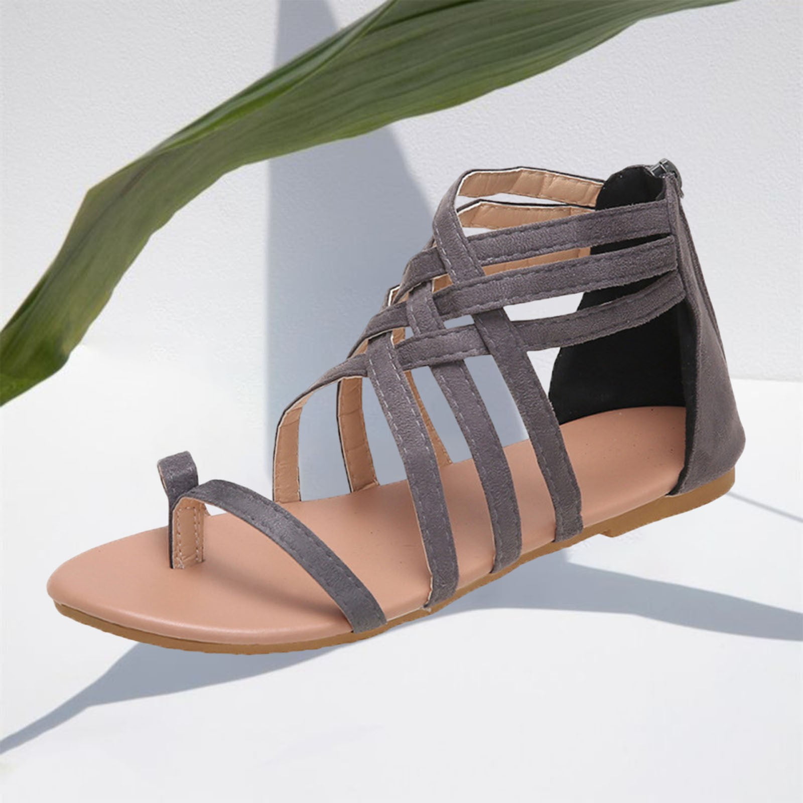 Viluyesy Women's Flat Sandals, Ankel Strappy Zipper Back Clip Toe ...