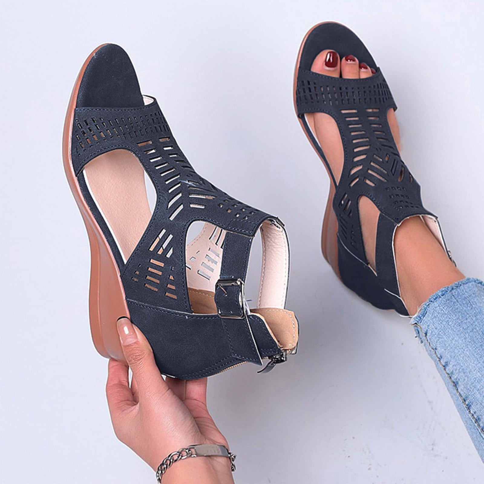 Viluyesy Women's Wedge Sandals, Zipper Back Hollow Up Open Toe Summer ...