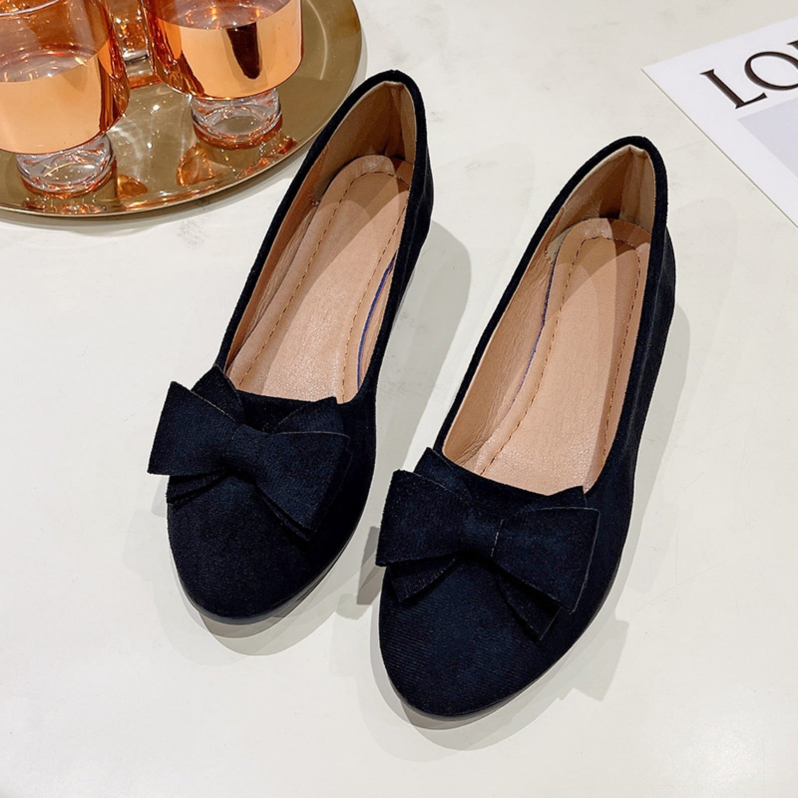 Viluyesy Womens Ballet Flats, Bow Suede Round Toe Wide Width Casual ...