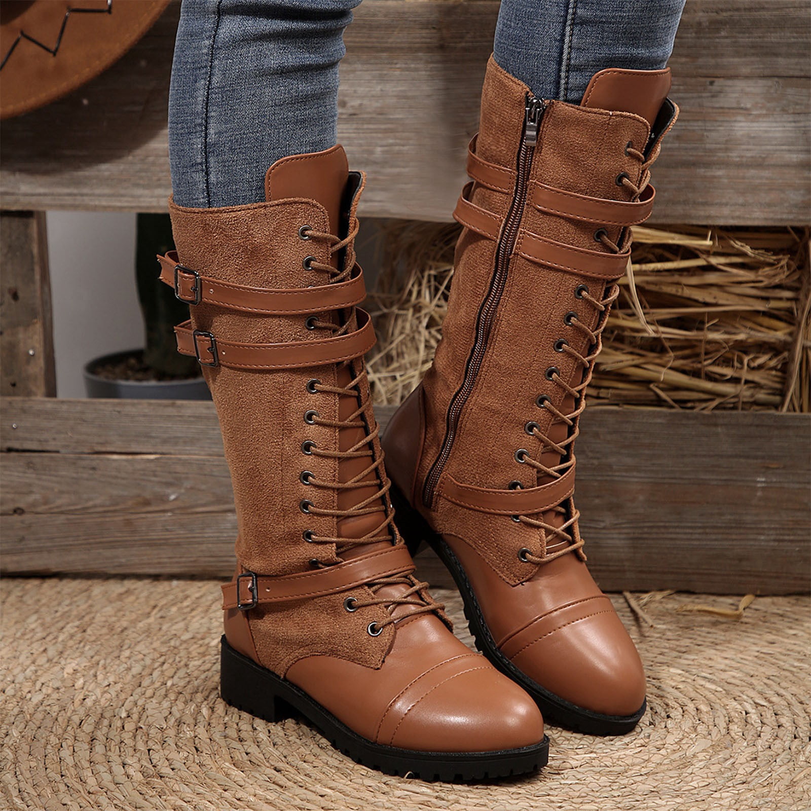 Viluyesy Womens Knee High Moto Boots, Round Toe Comfort Low Heels ...