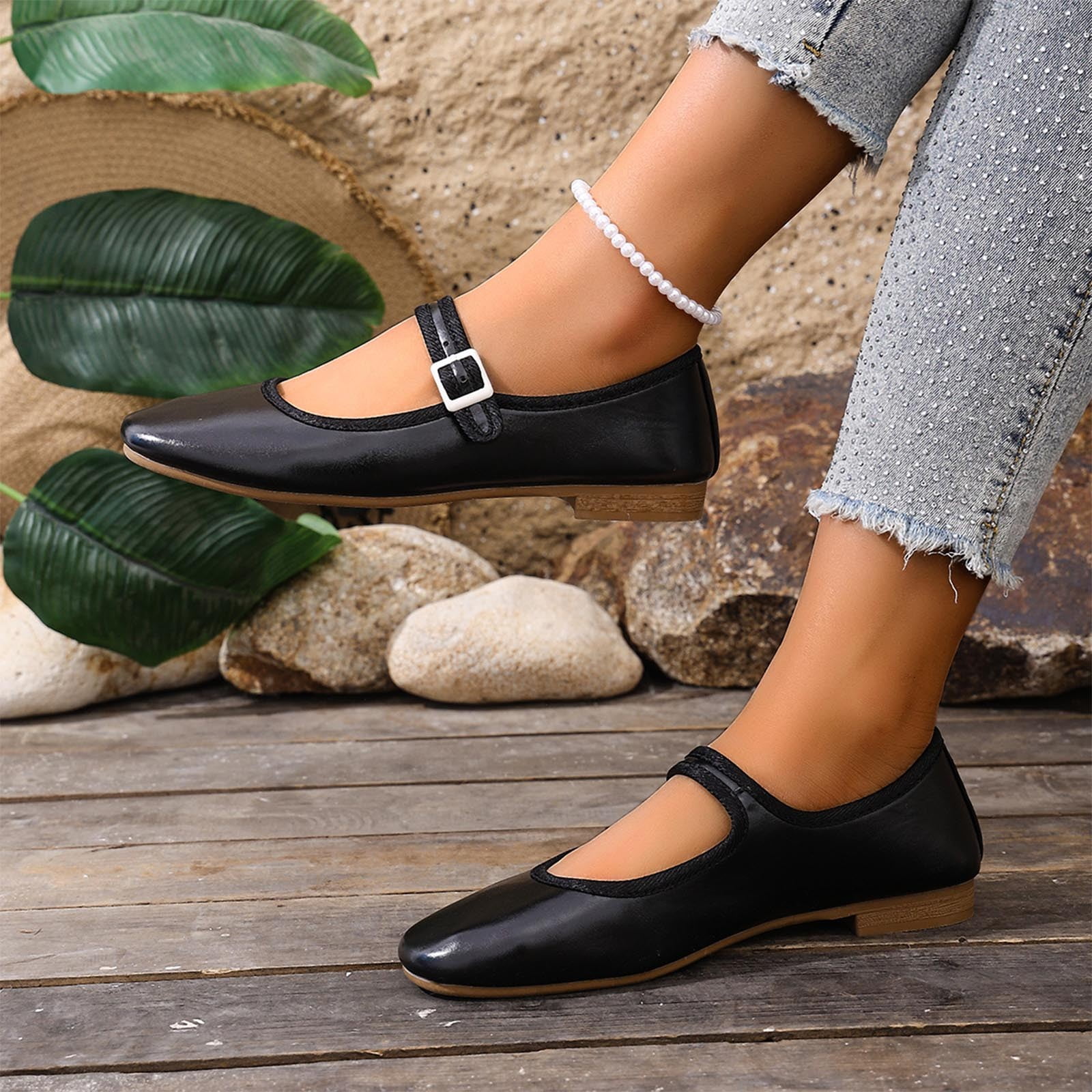 Viluyesy Womens Mary Jane Flats, Soft Sole Round Toe Adjustable Strap ...