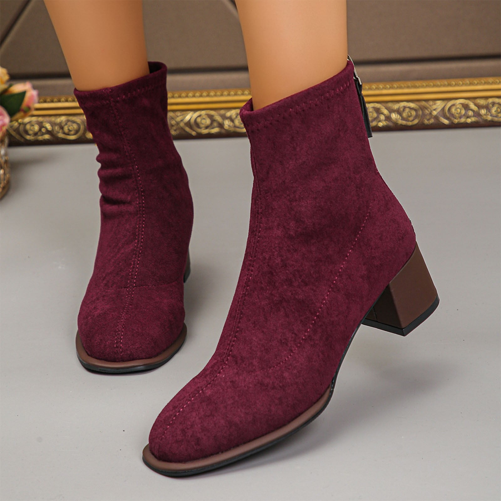 Viluyesy Womens Mid-Calf Boots, Pointed Toe Chunky Heels Back Zipper ...