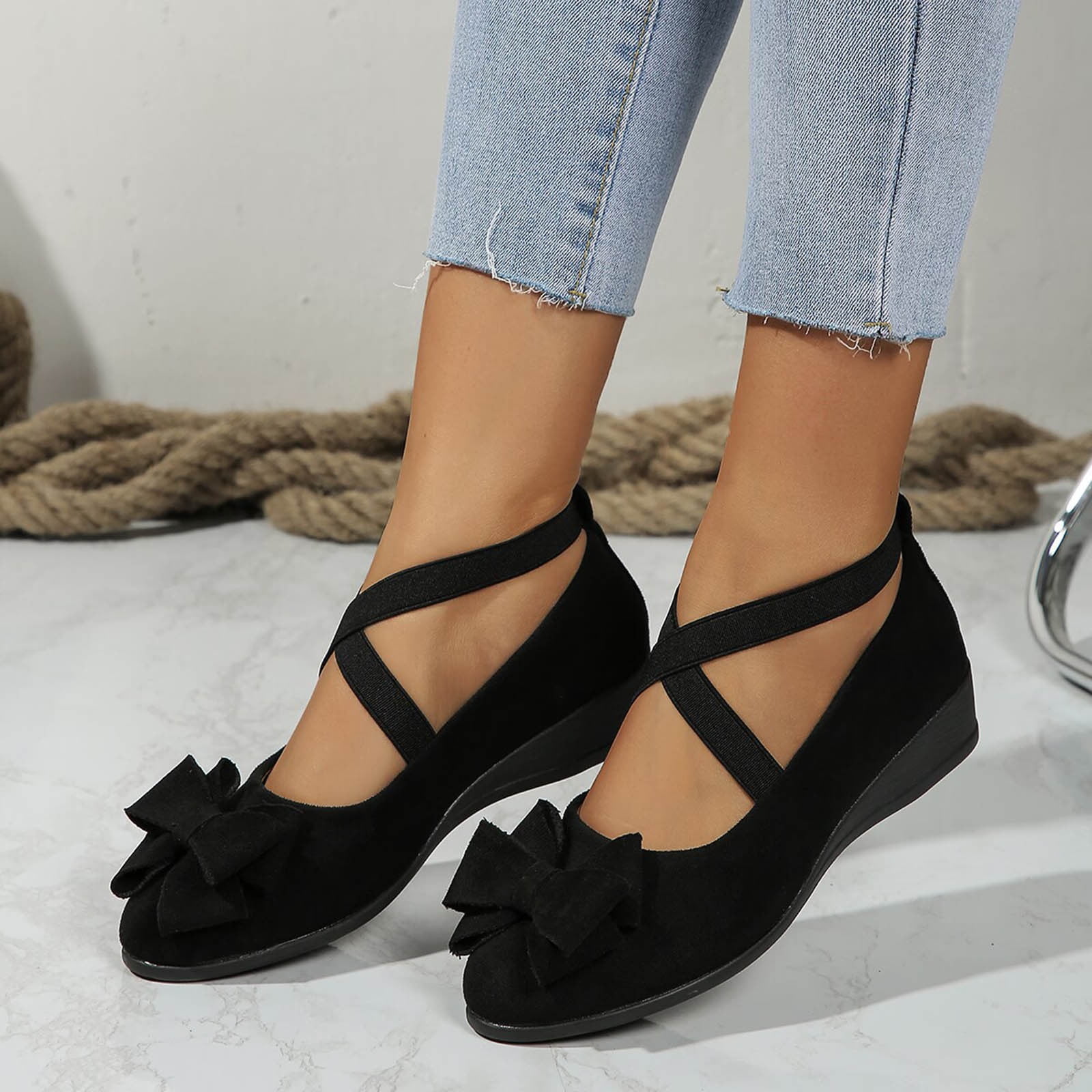 Viluyesy Womens Wedge Flats, Bow Suede Round Toe X-Strap Casual Shallow ...