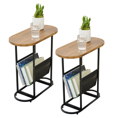 Vimiroo End Table, Acacia Oval Small Side Tables with Storage Holder ...