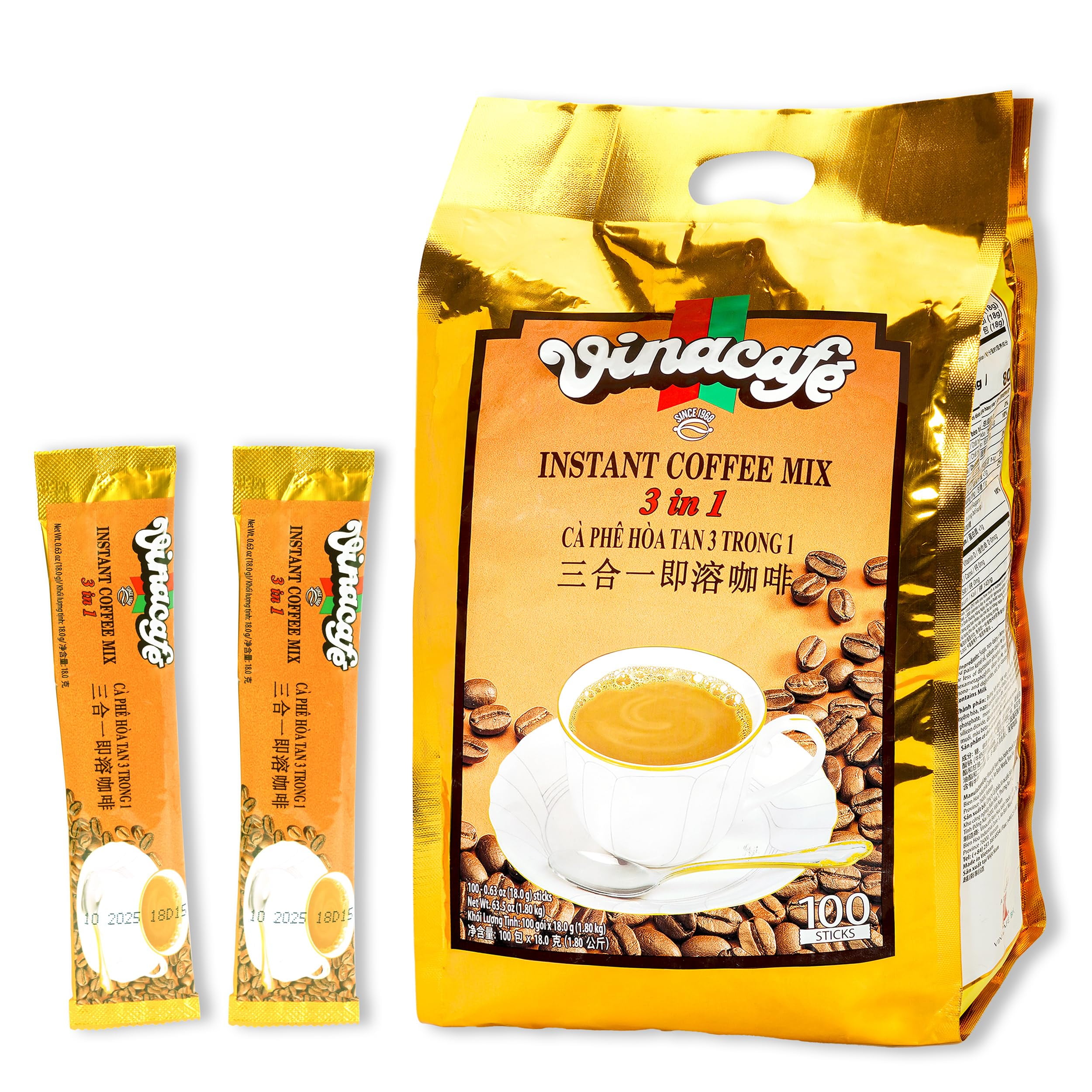 Vinacafe Premium 100 Sticks 3 in 1 Instant Coffee Mix, Single Serves ...