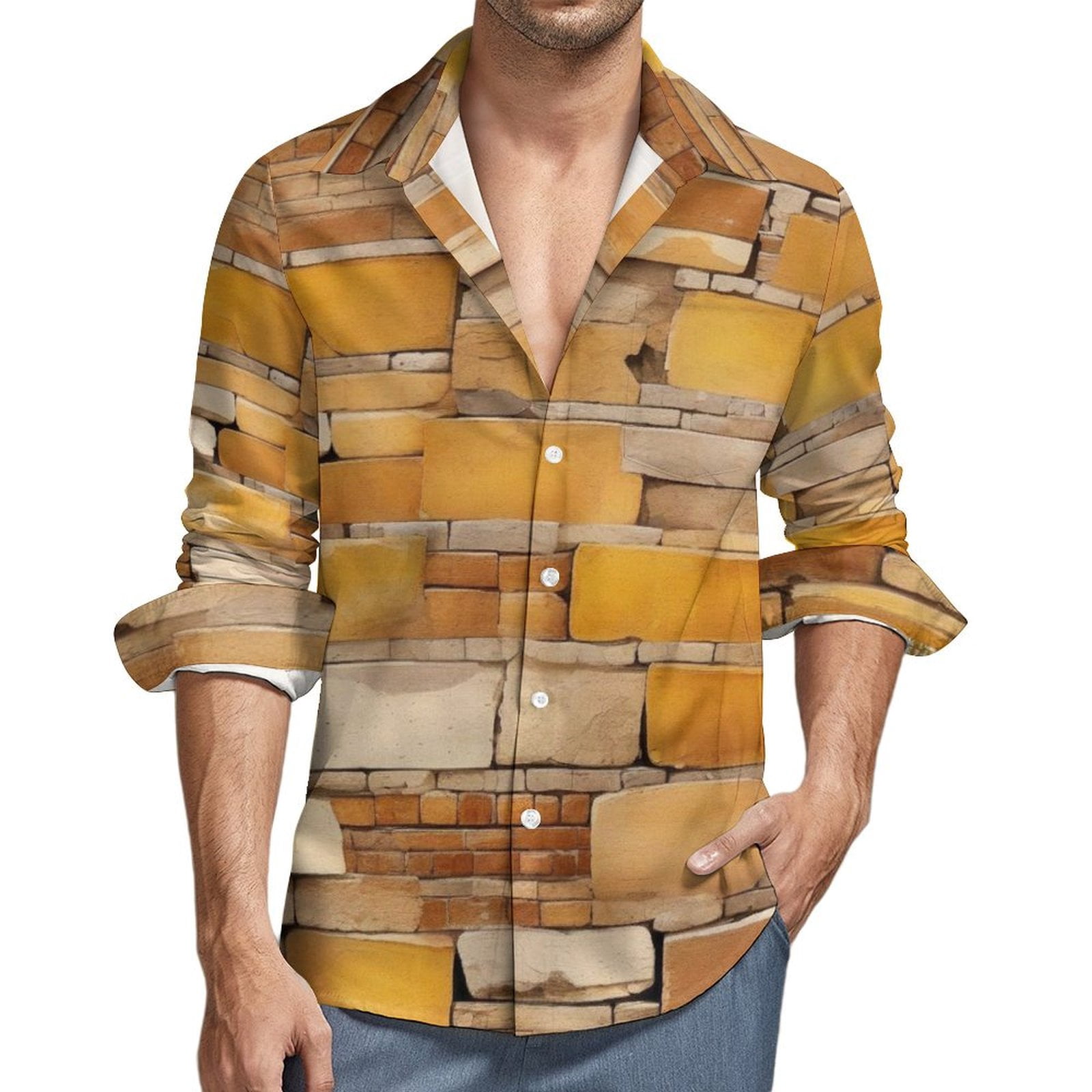 Vinatge Brick Wall Pattern Hawaiian Shirt for Men Long Sleeve Button ...