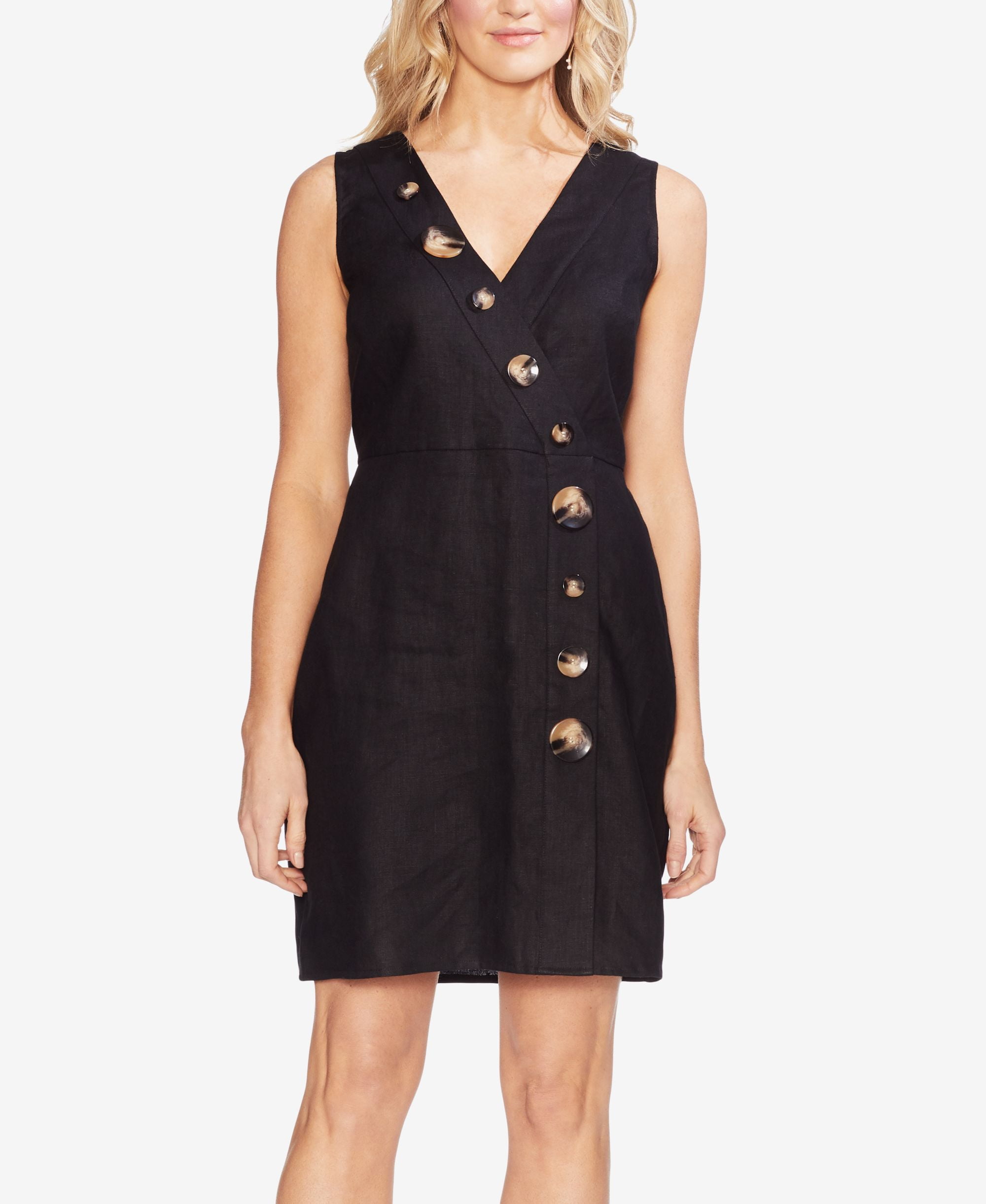 Vince Camuto Faux Wrap Linen Dress With Tortoise Look Buttons Rich Black 14 - Walmart.com