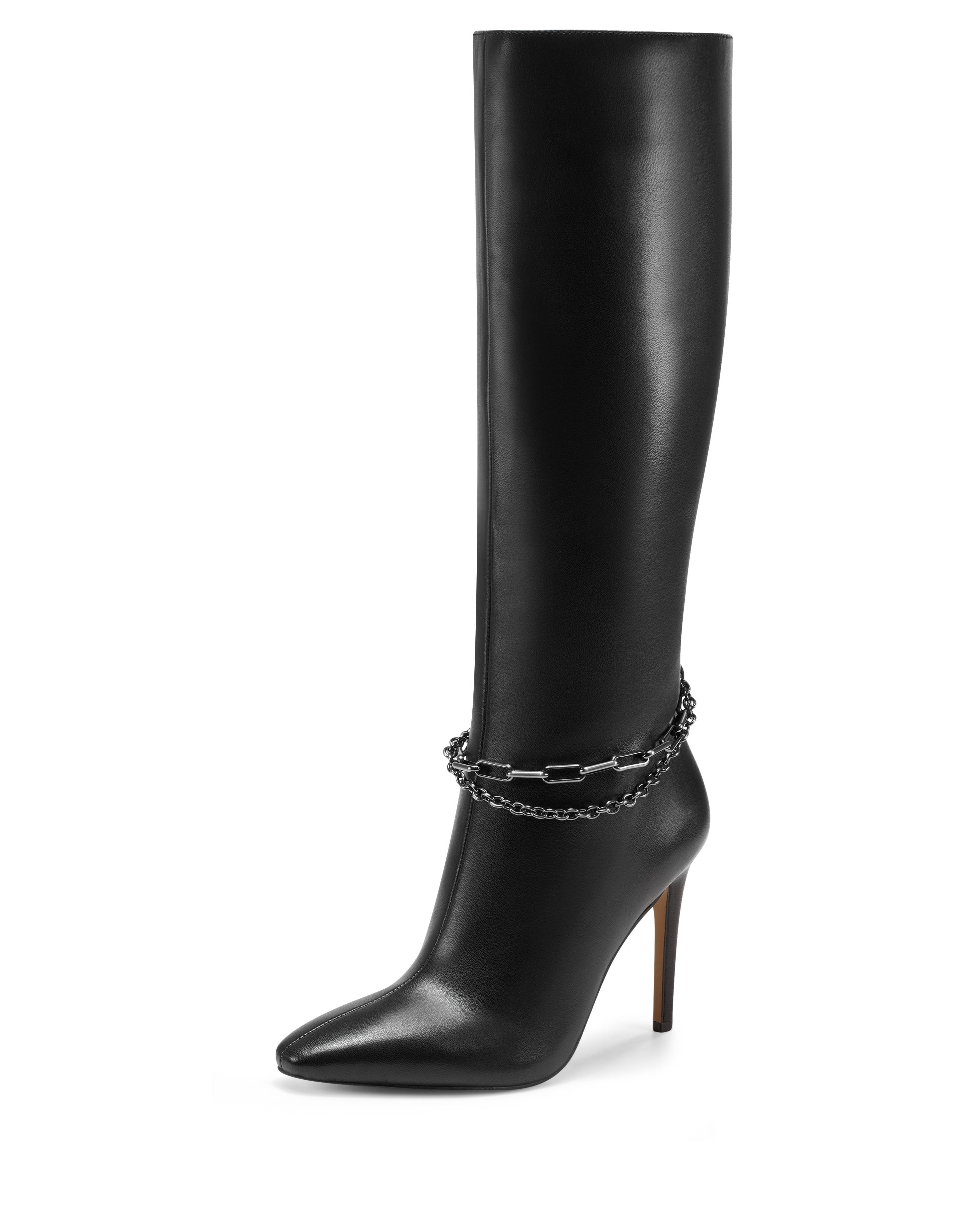 Vince Camuto Felinda Black Leather Knee High Pointed Toe Chain Stiletto ...