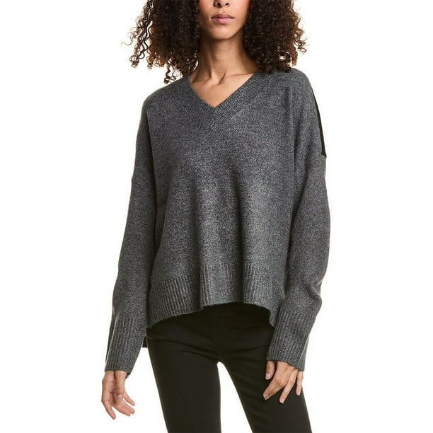 Vince Camuto Women's Ribbed Edge V Neck Sweater, Med Heather Gray