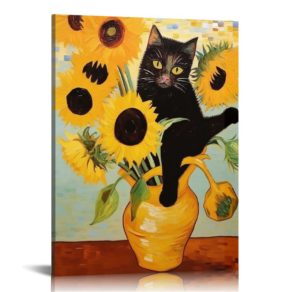Vincent Cat Canvas Wall Art - Sunflowers Print Poster - Funny Black ...