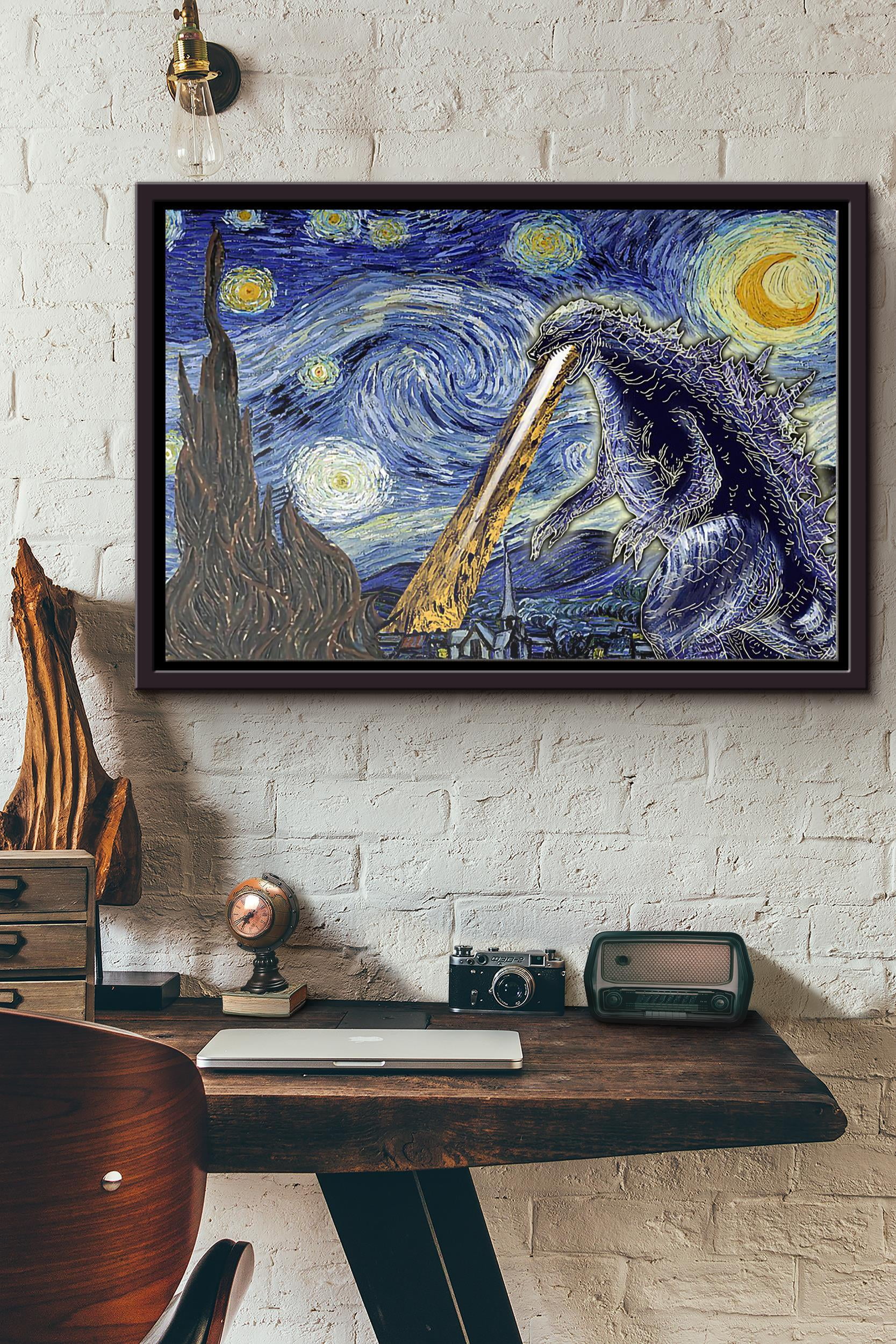 Vincent Van Gogh Starry Night With Godzilla Poster N Framed Matte ...