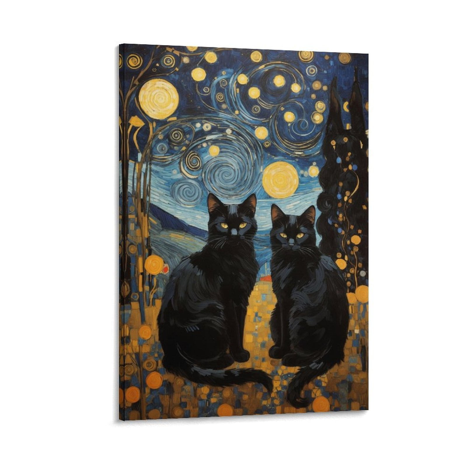 Vincent Van Gogh Starry Sky Style Cat Wall Art, Black Cat Couple Canvas ...