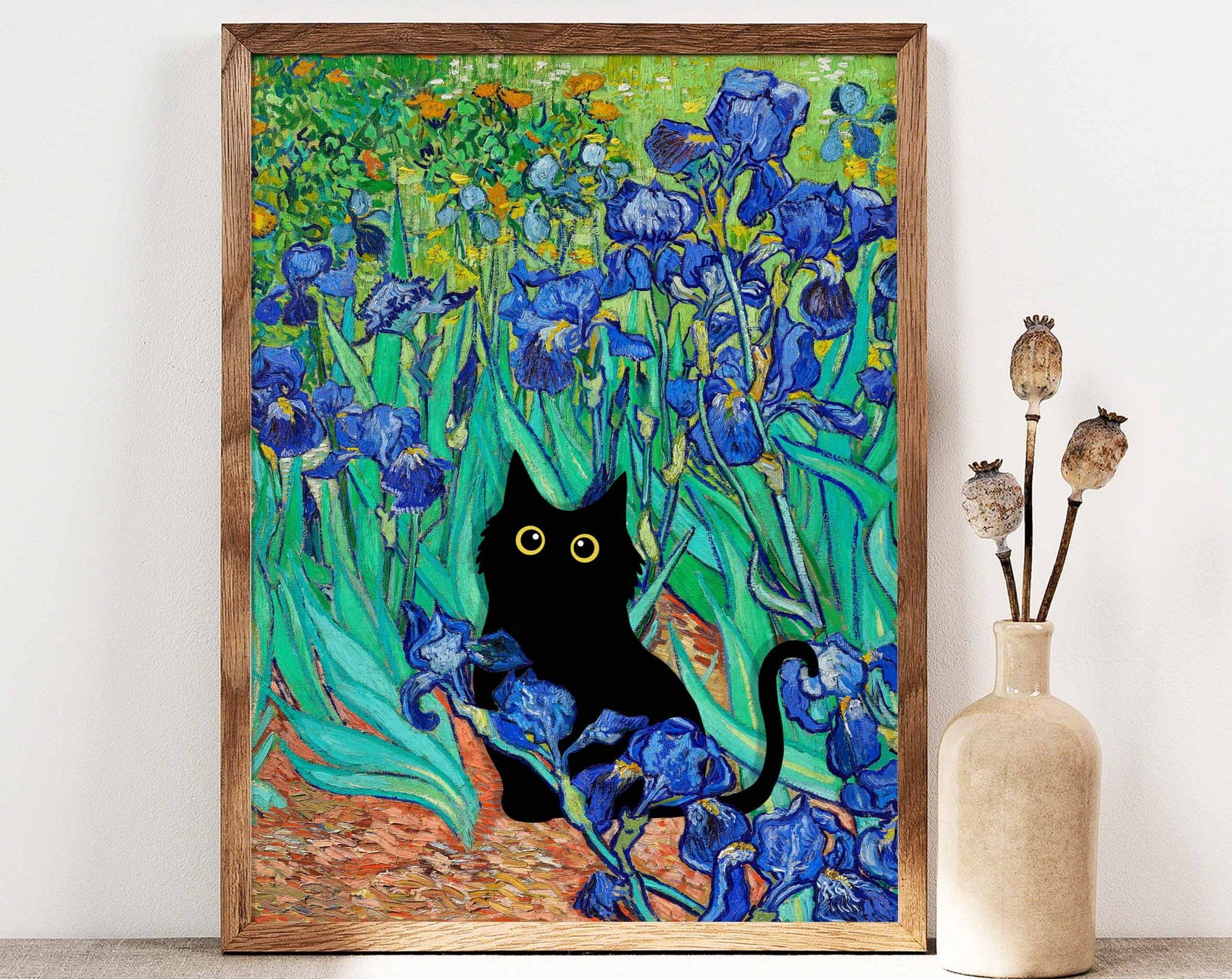 Vincent Van Gogh's Irises Cat Print, Van Gogh Cat Poster, Black Cat Art ...