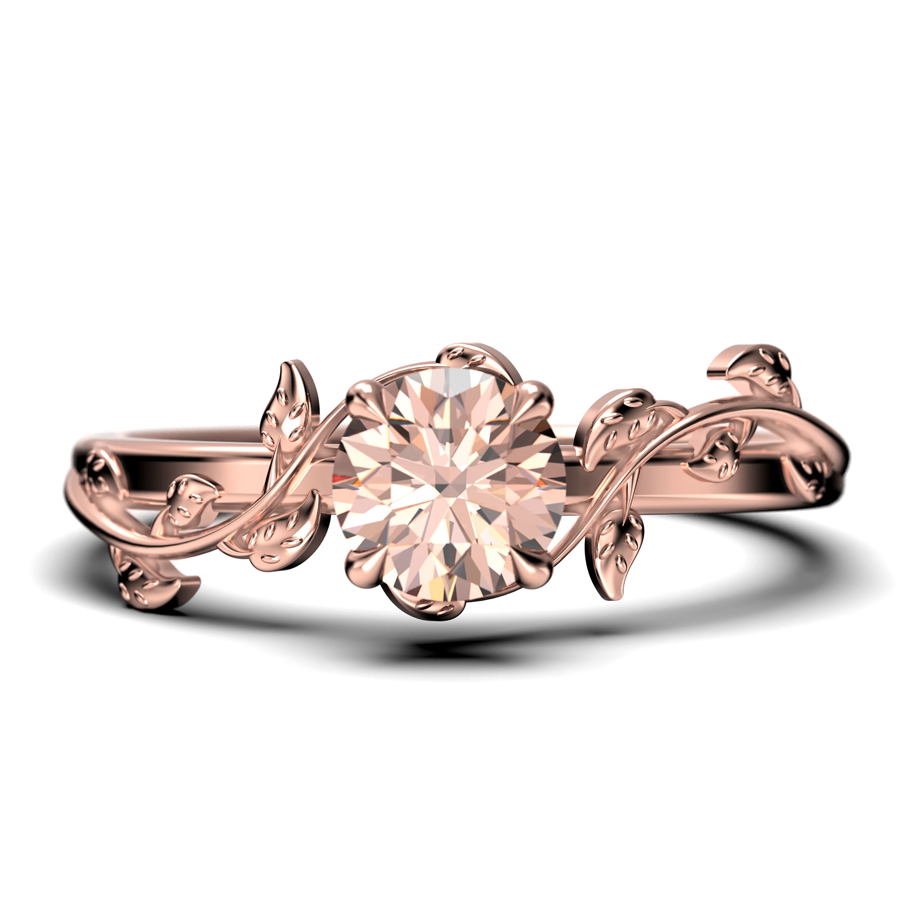Vine Leaf Ring, Boho & Hippie 1.00 Carat Round Cut Morganite And Diamond Moissanite Engagement ...