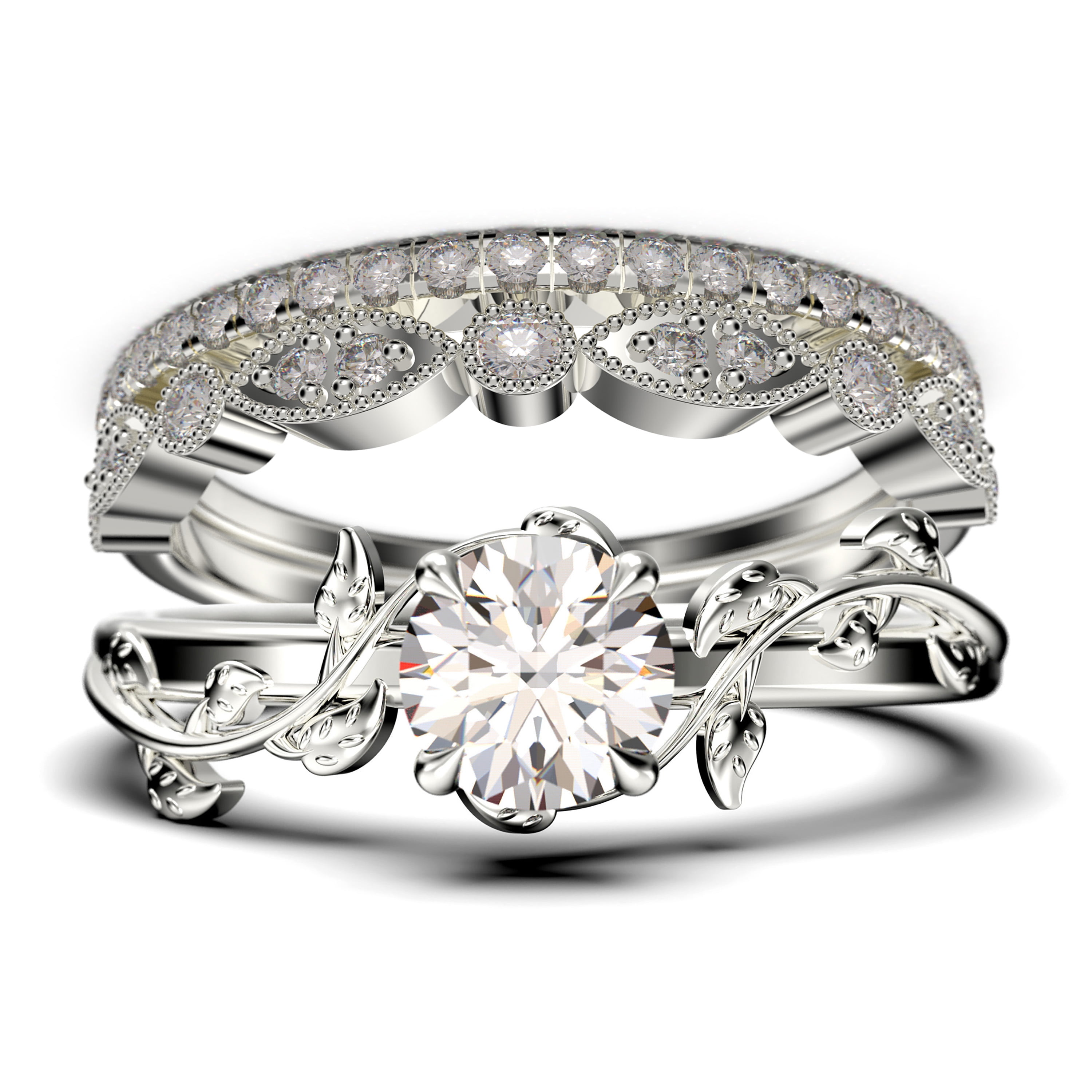 Vine Leaf Ring, Boho & Hippie 2.00 Carat Round Cut Diamond Moissanite Engagement Ring, Wedding ...