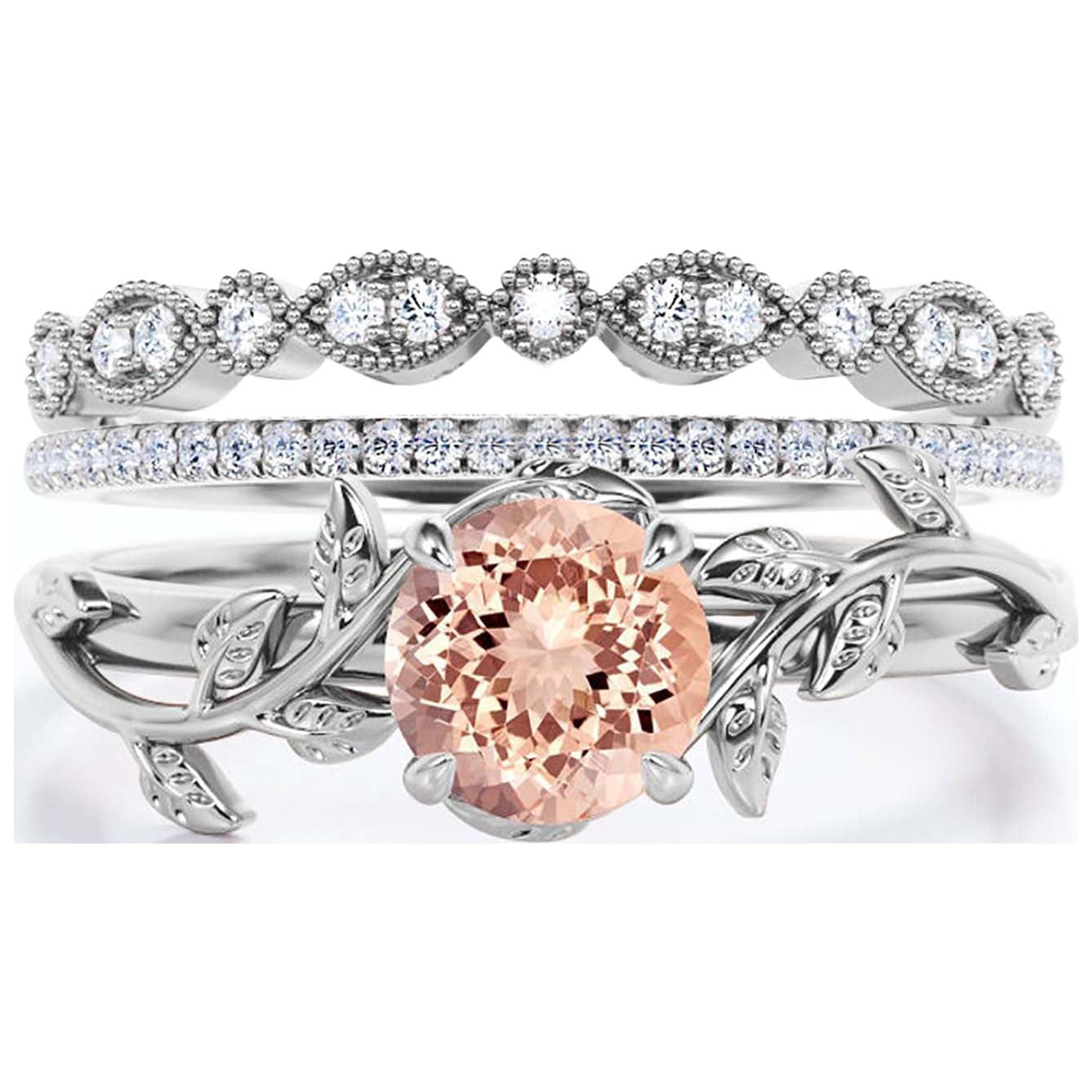 Vine Leaf Ring, Boho & Hippie 2.00 Carat Round Cut Morganite And Diamond Moissanite Engagement ...