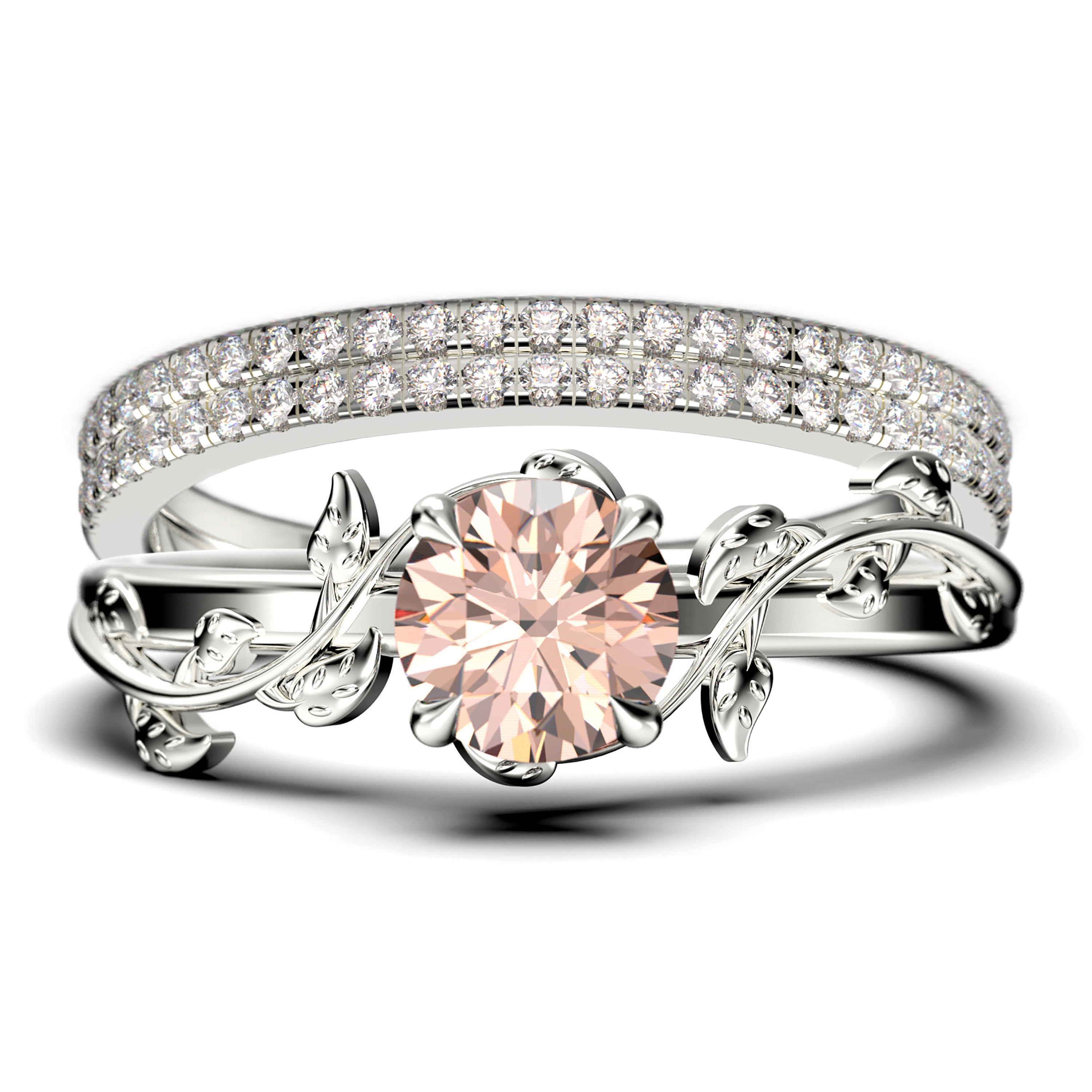 Vine Leaf Ring, Boho & Hippie 2.00 Carat Round Cut Morganite And Diamond Moissanite Engagement ...