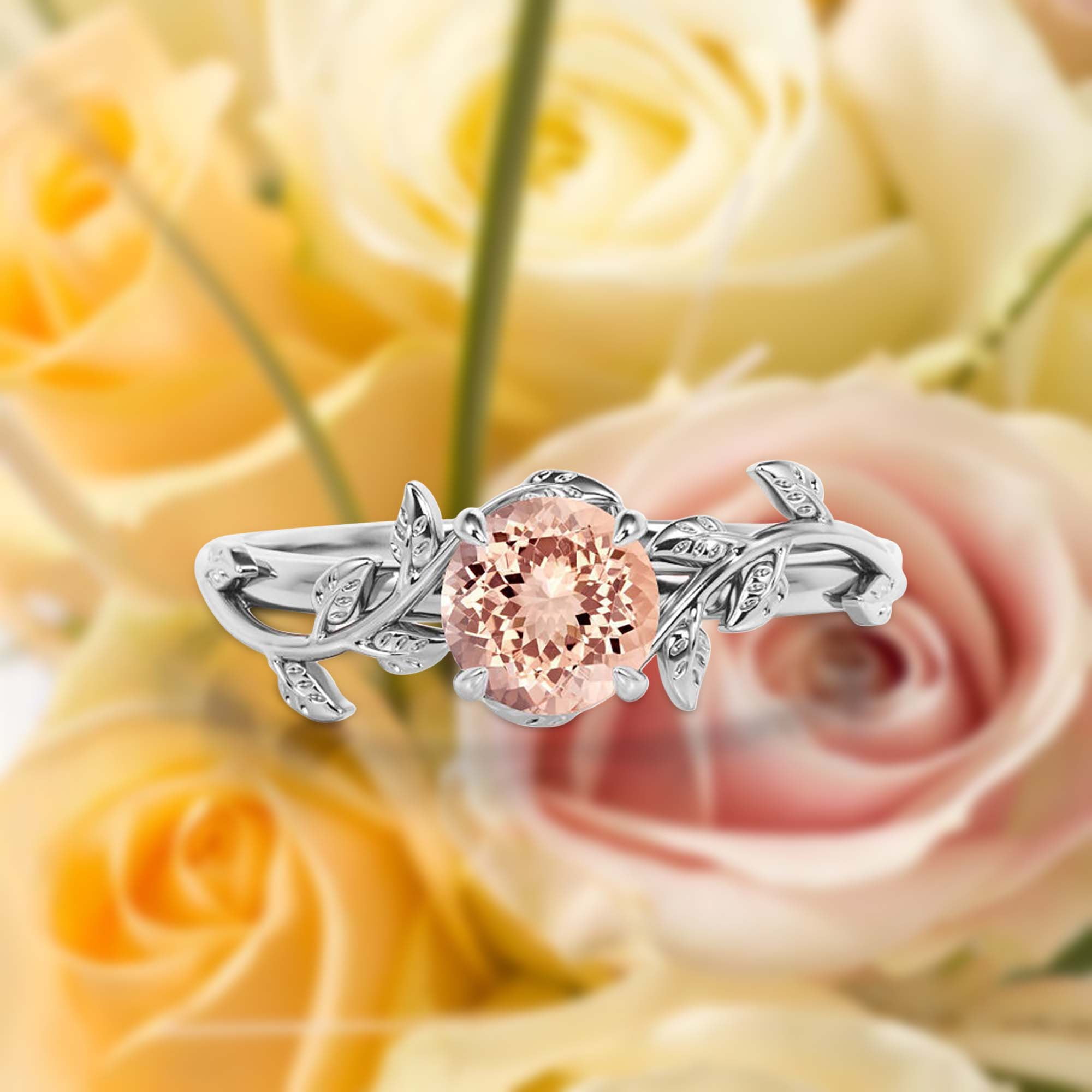 Vine Leaf Ring, Boho & hippie 1.00 Carat Round Cut Morganite And Diamond Moissanite Engagement ...