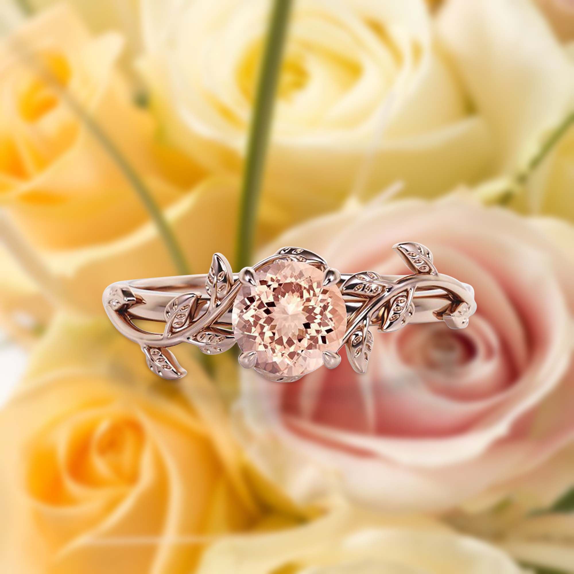 Vine Leaf Ring, Boho & hippie 1.00 Carat Round Cut Morganite And Diamond Moissanite Engagement ...