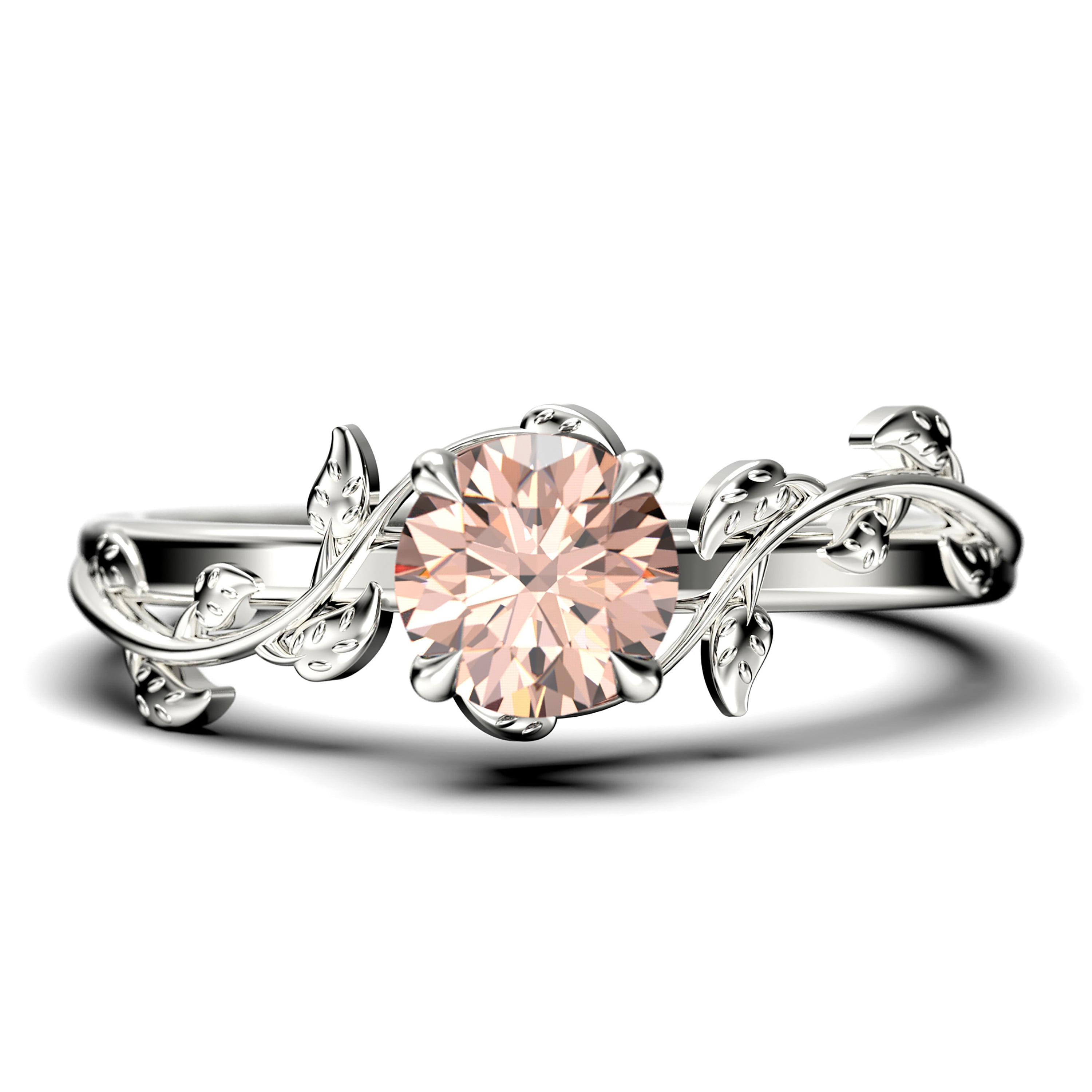 Vine Leaf Ring, Boho & hippie 1.00 Carat Round Cut Morganite And Diamond Moissanite Engagement ...