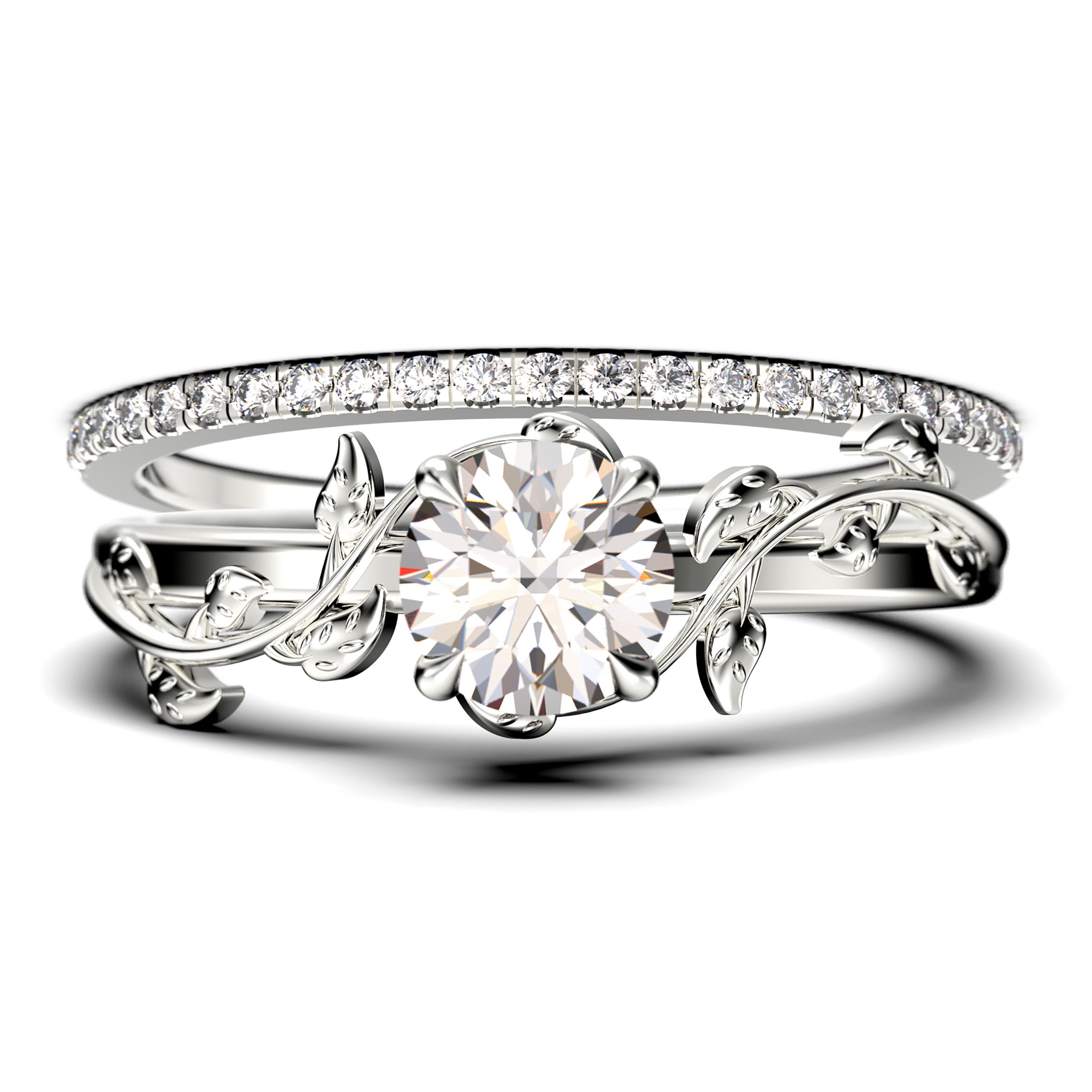 Vine Leaf Ring, Boho & hippie 1.50 Carat Round Cut Diamond Moissanite Engagement Ring, Wedding ...