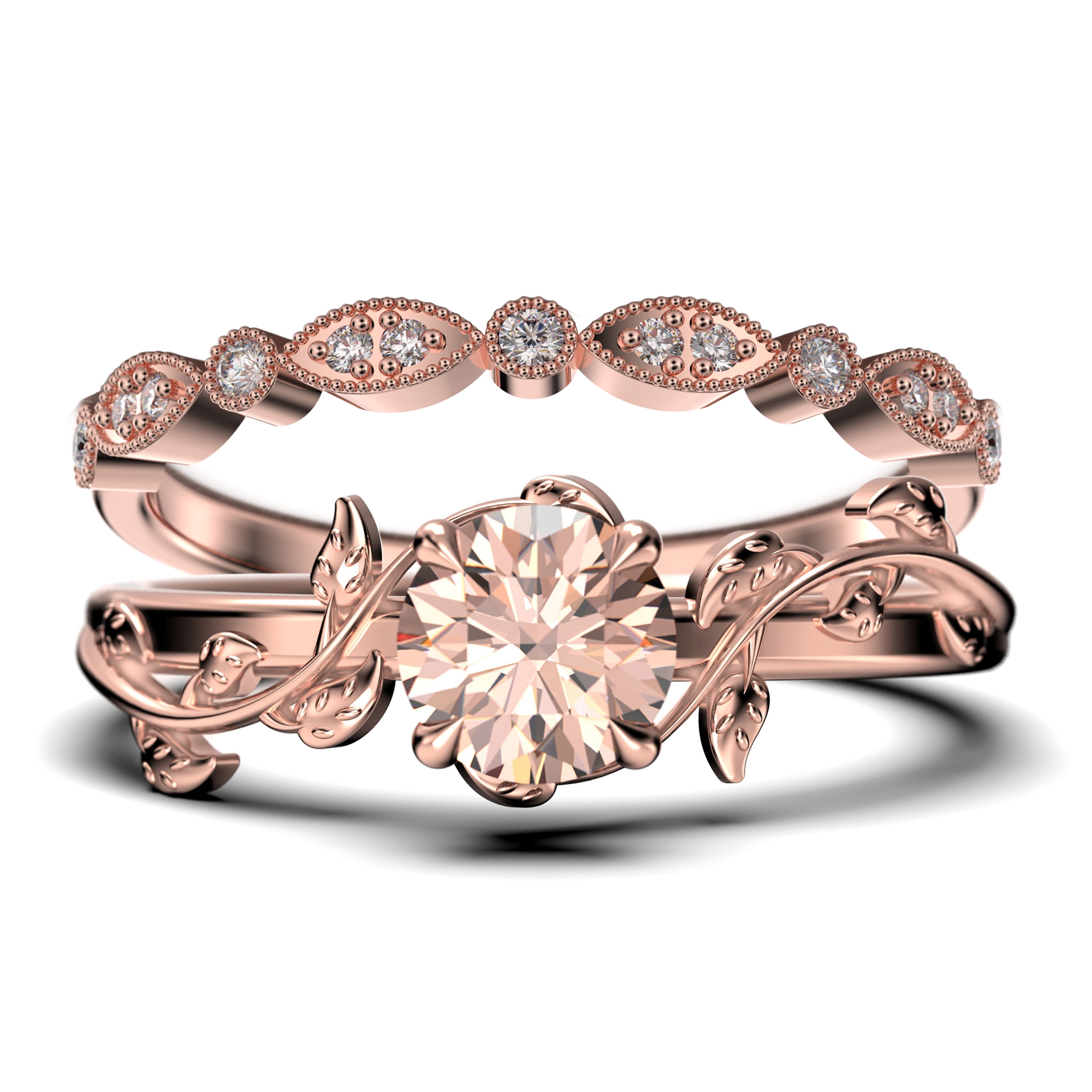 Vine Leaf Ring, Boho & hippie 1.50 Carat Round Cut Morganite And Diamond Moissanite Engagement ...
