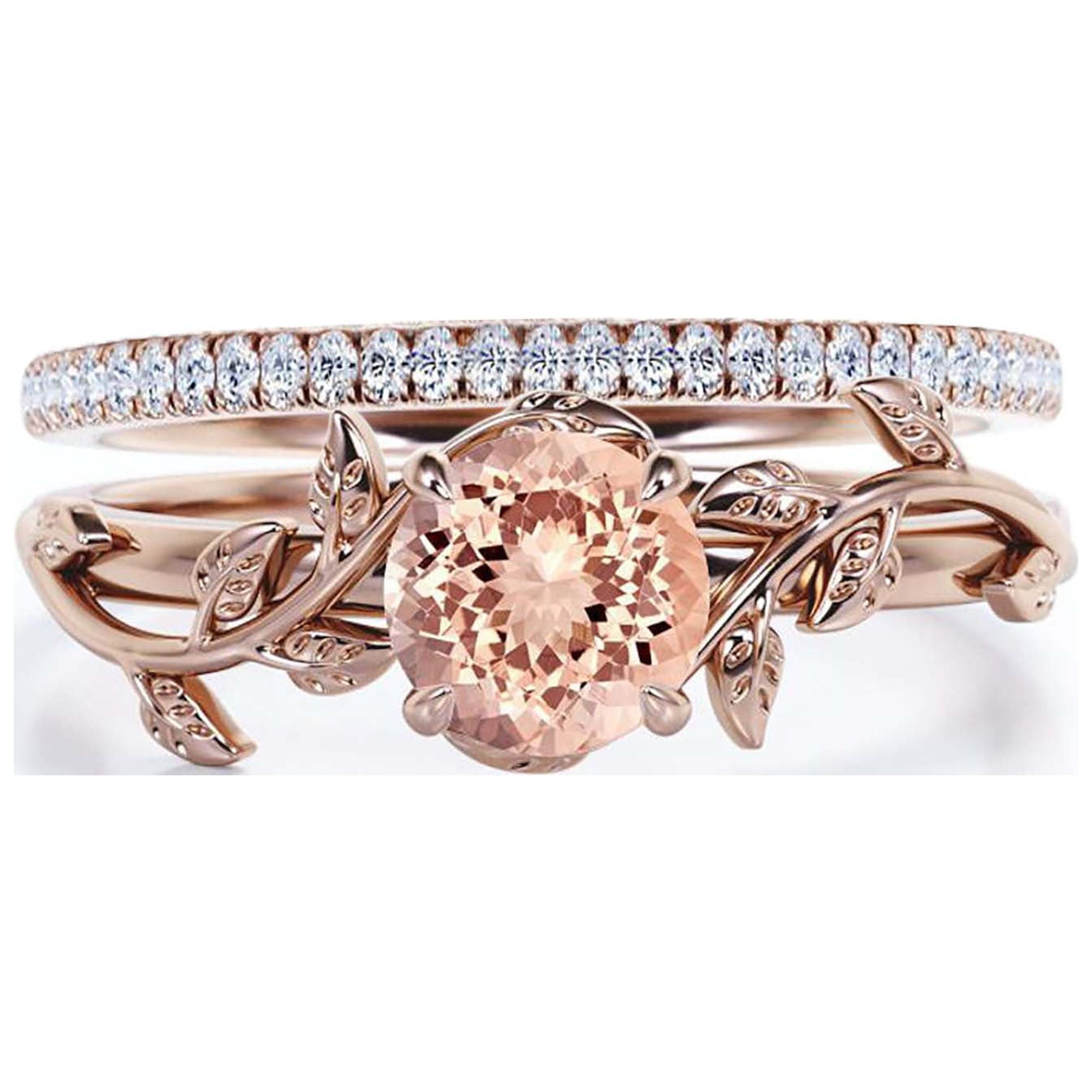 Vine Leaf Ring, Boho & hippie 1.50 Carat Round Cut Morganite And Diamond Moissanite Engagement ...