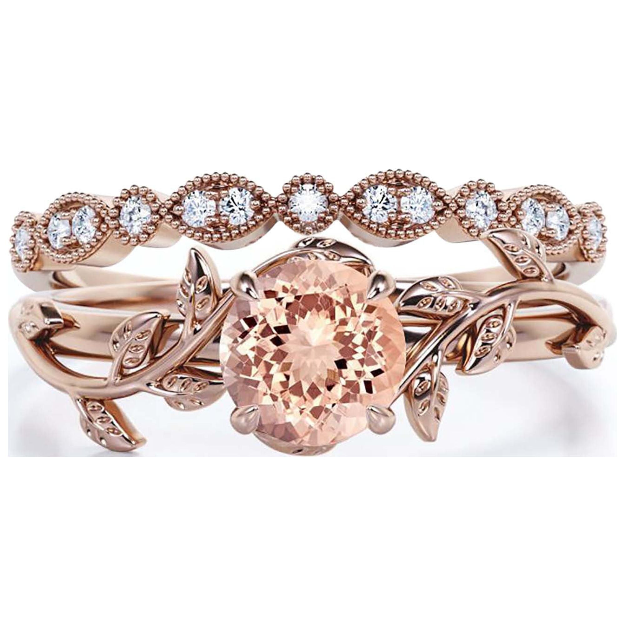 Vine Leaf Ring, Boho & hippie 1.50 Carat Round Cut Morganite And Diamond Moissanite Engagement ...