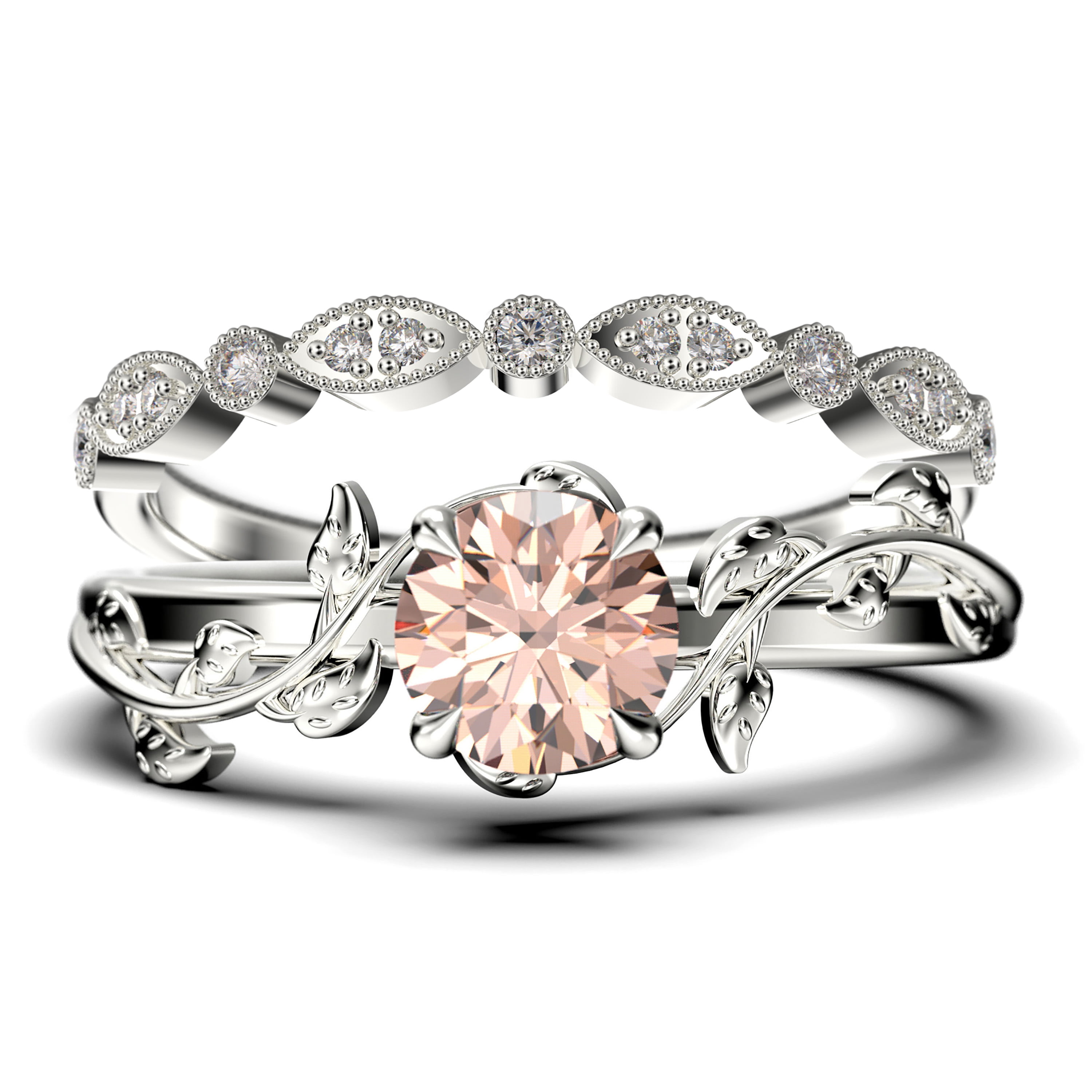 Vine Leaf Ring, Boho & hippie 1.50 Carat Round Cut Morganite And Diamond Moissanite Engagement ...