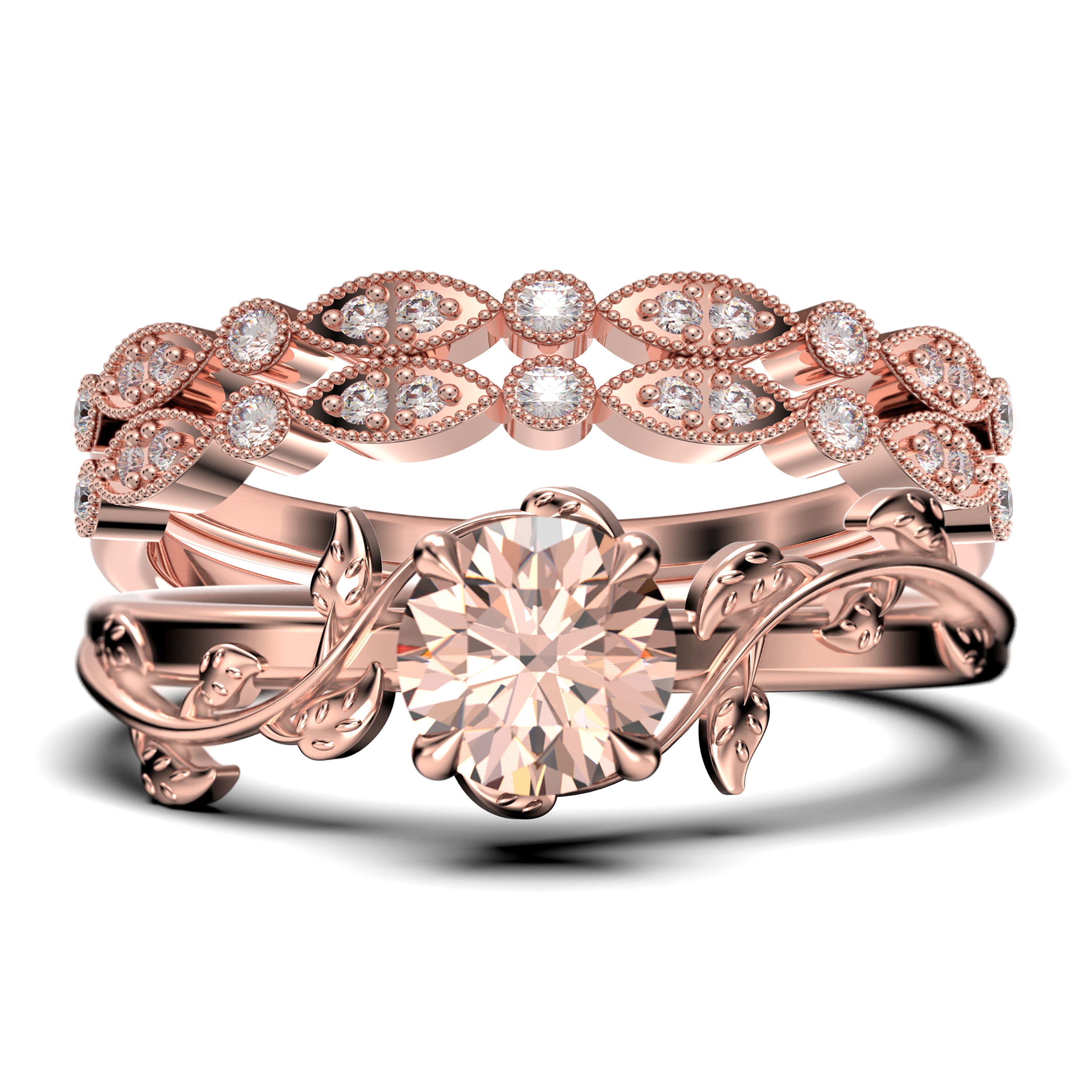 Vine Leaf Ring, Boho & hippie 2.00 Carat Round Cut Morganite And Diamond Moissanite Engagement ...