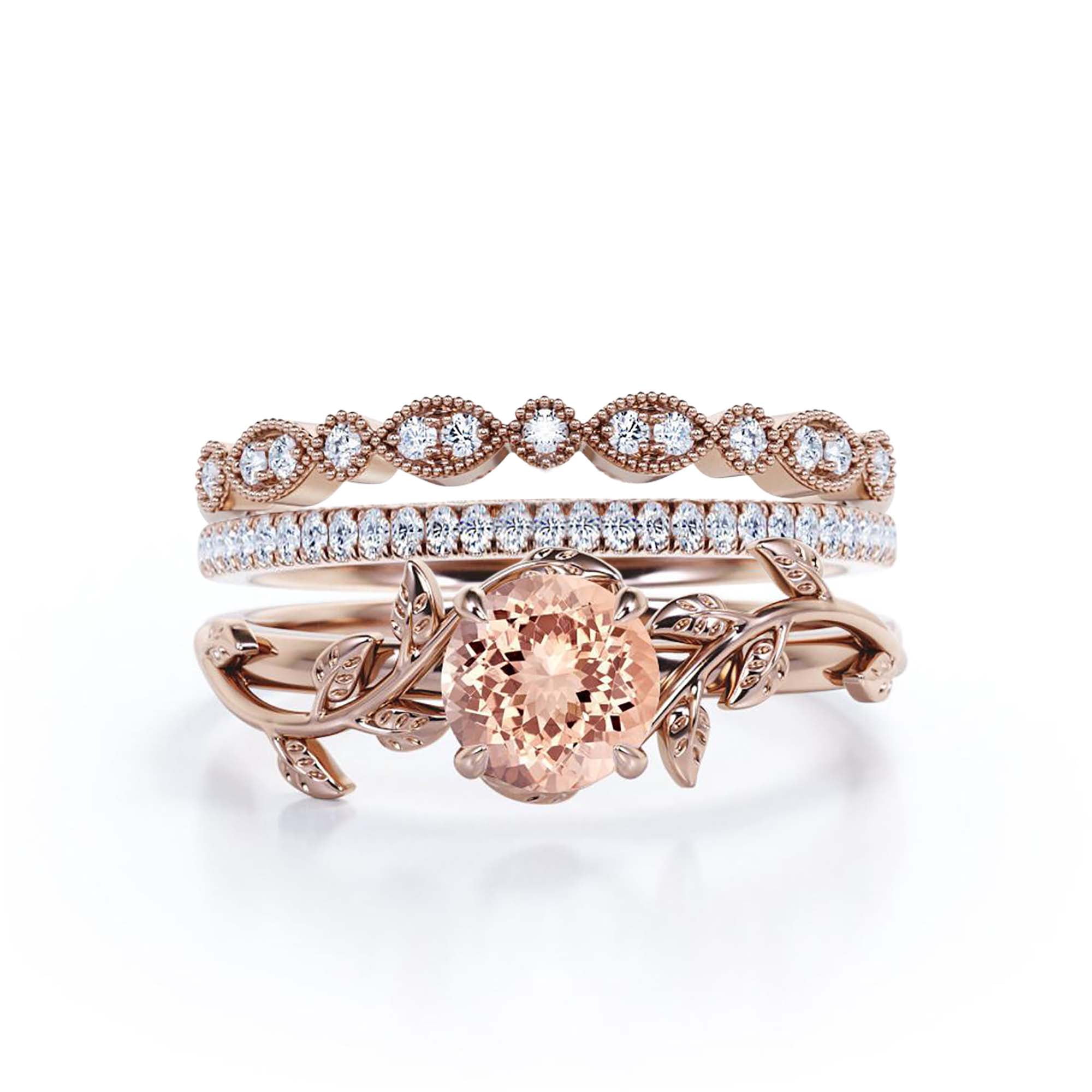 Vine Leaf Ring, Boho & hippie 2.00 Carat Round Cut Morganite And Diamond Moissanite Engagement ...