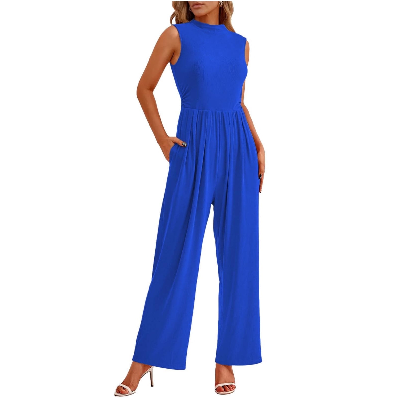 Vine Womens Summer One Piece Jumpsuits Dressy Casual Outfits Sleeveless Mock Neck Wide Leg Pants ...
