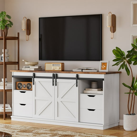 YESHOMY Farmhouse TV Stand for Televisions up to 65 Inch, Wood ...