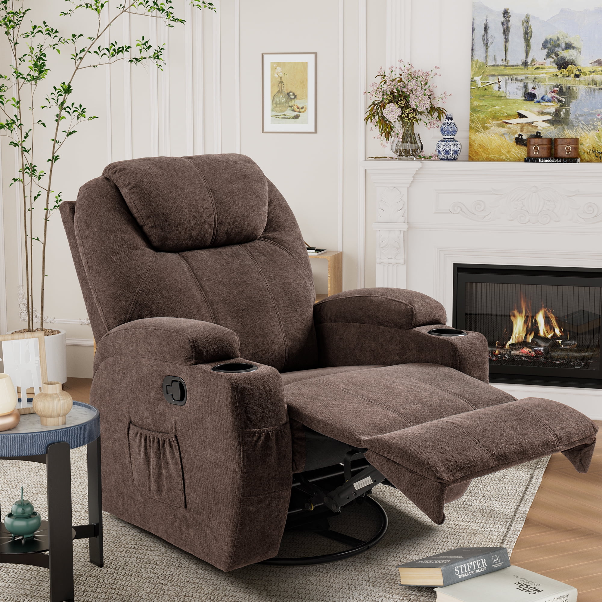Vineego Fabric 360° Rotation Recliner with Heat & Vibration,Brown ...