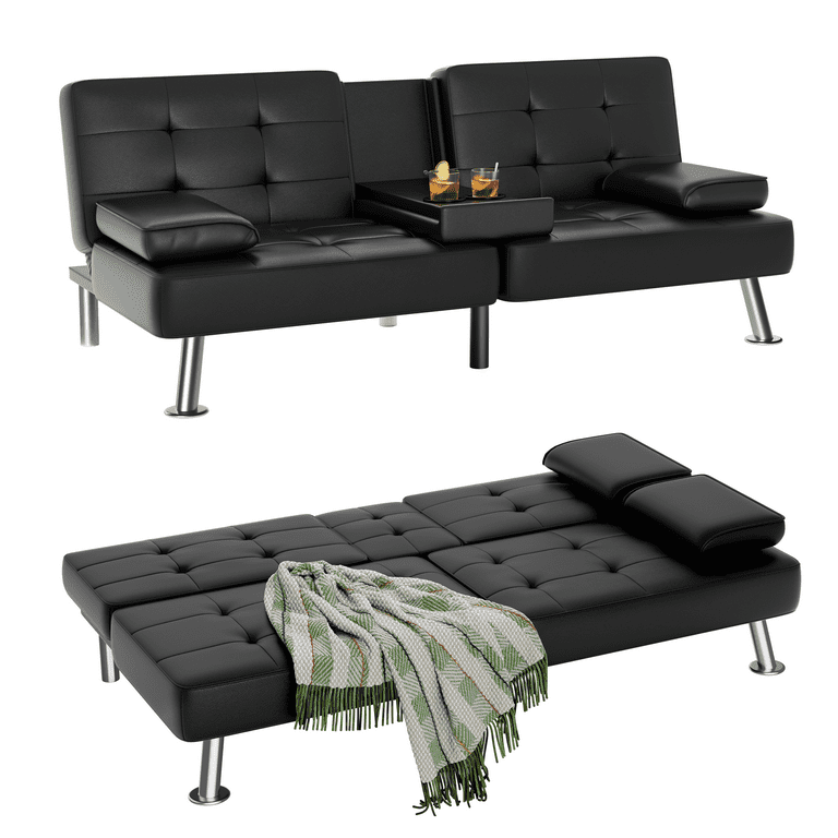 Vineego Modern Faux Leather Couch Convertible Folding Futon Sofa Bed with 2 Cup Holders Black
