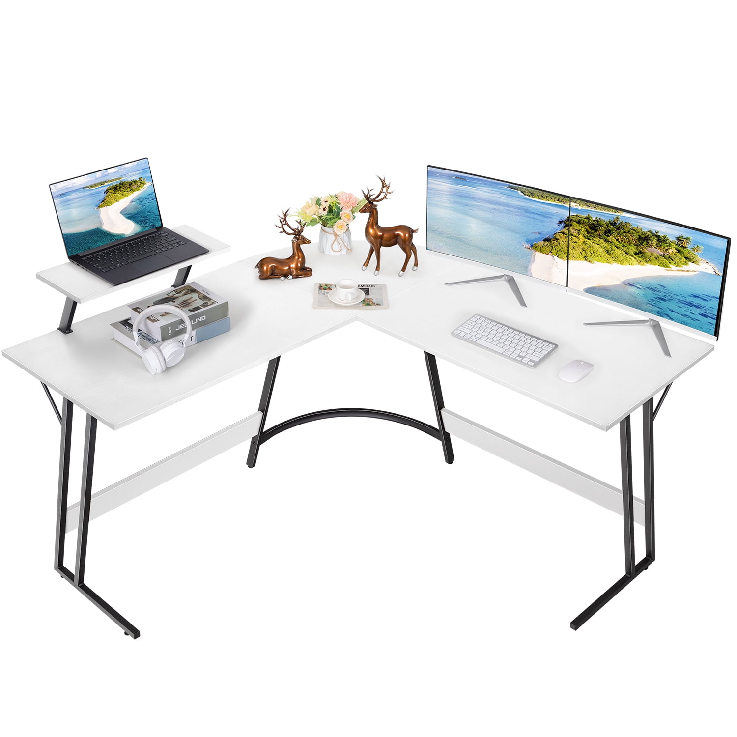 Vineego Modern L-Shaped Computer Desk with Monitor Stand, White ...