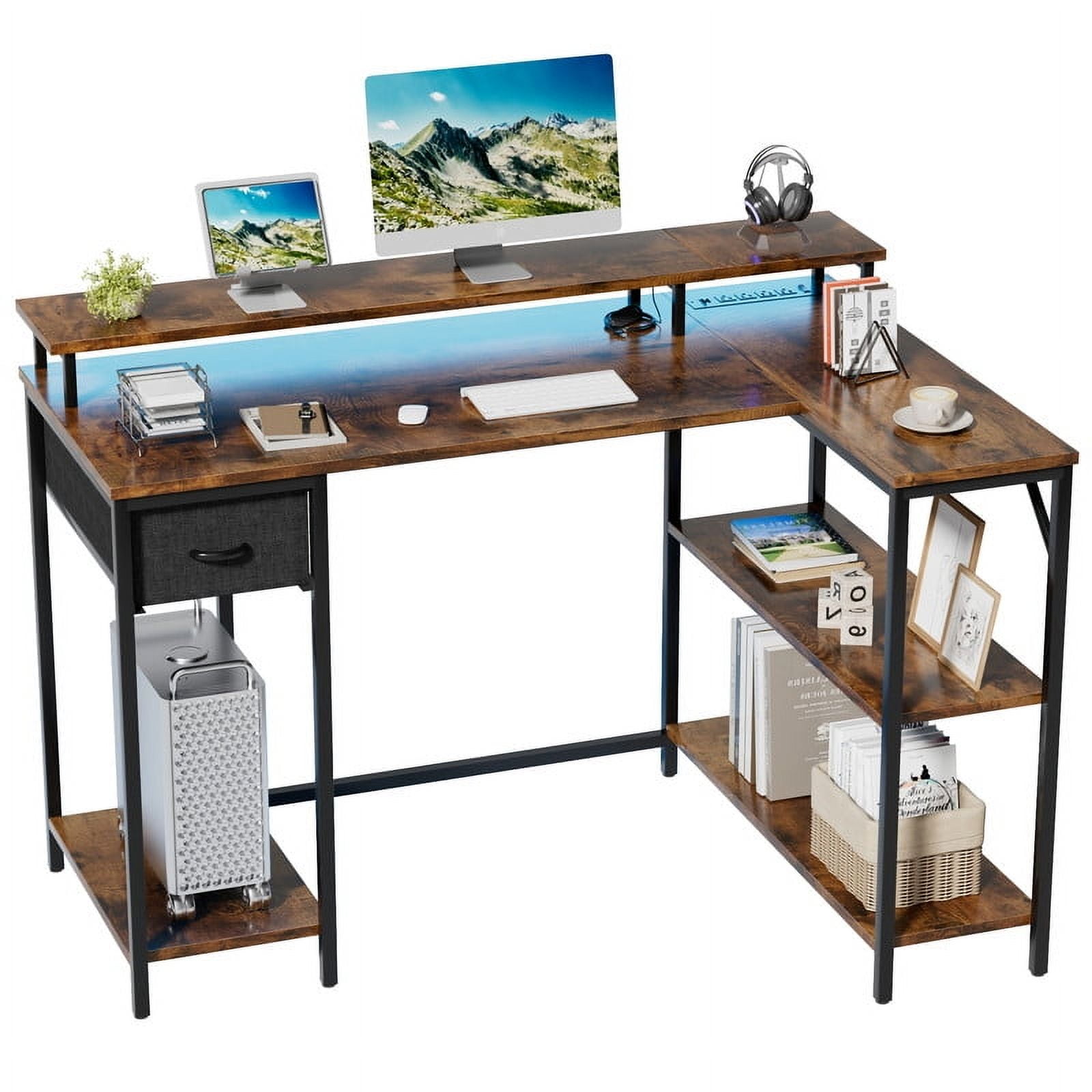 Vineego Reversible L-Shaped Desk with LED with Power Outlets and ...