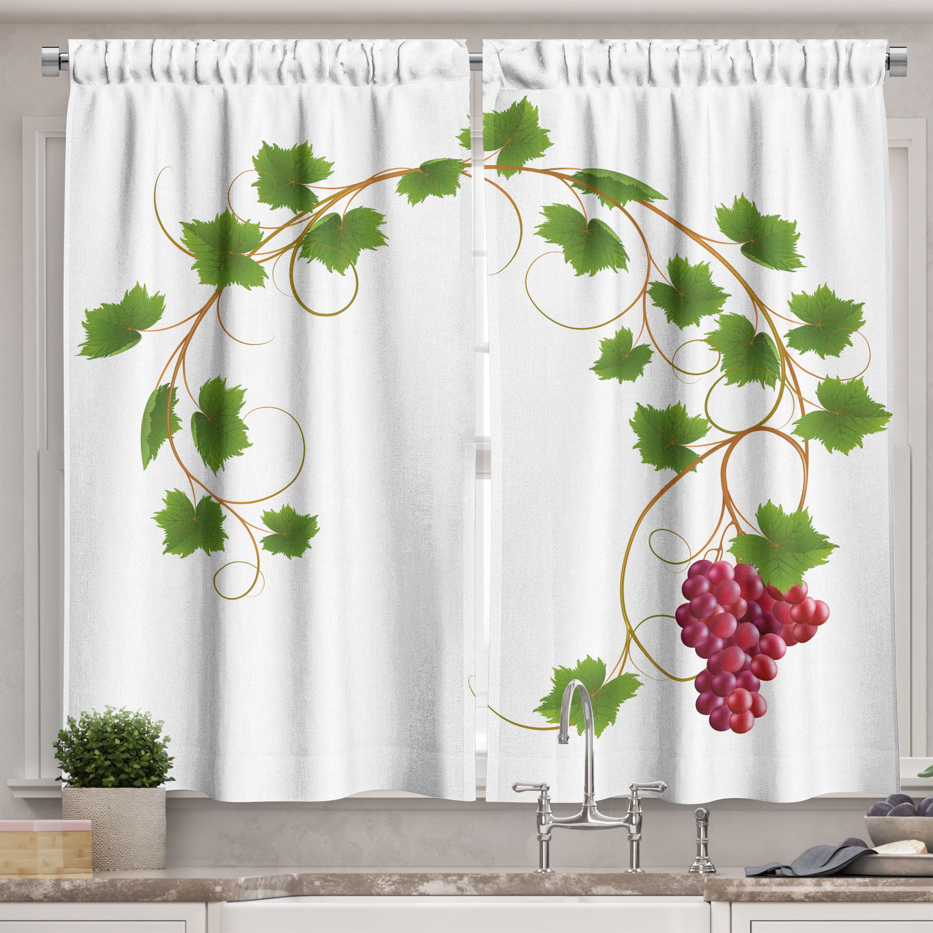 Vineyard Kitchen Curtains, Curved Ivy Branch Deciduous Woody Wines ...