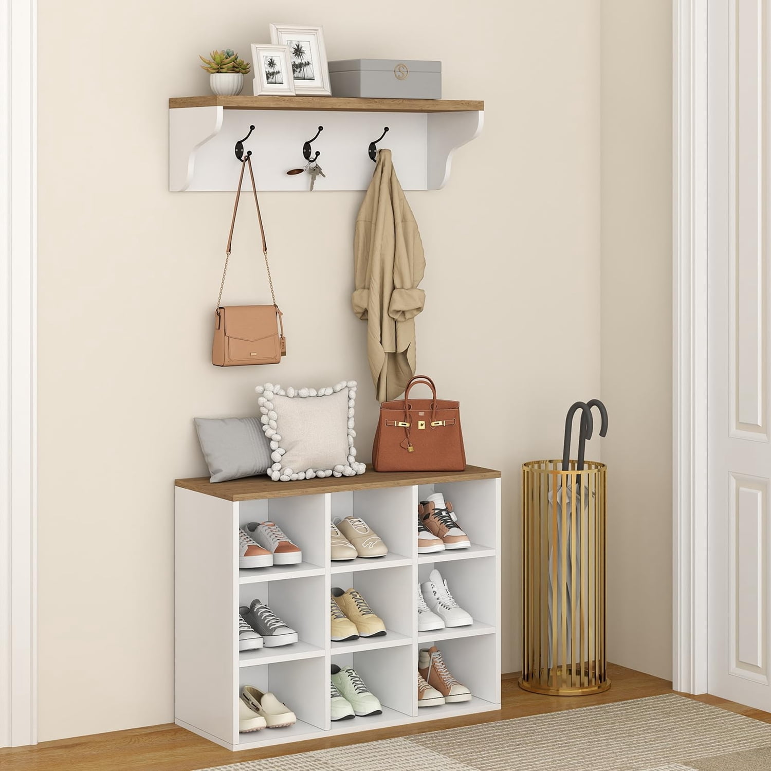 Vinform White Hall Tree with Bench and Shoe Storage for Entryway ...