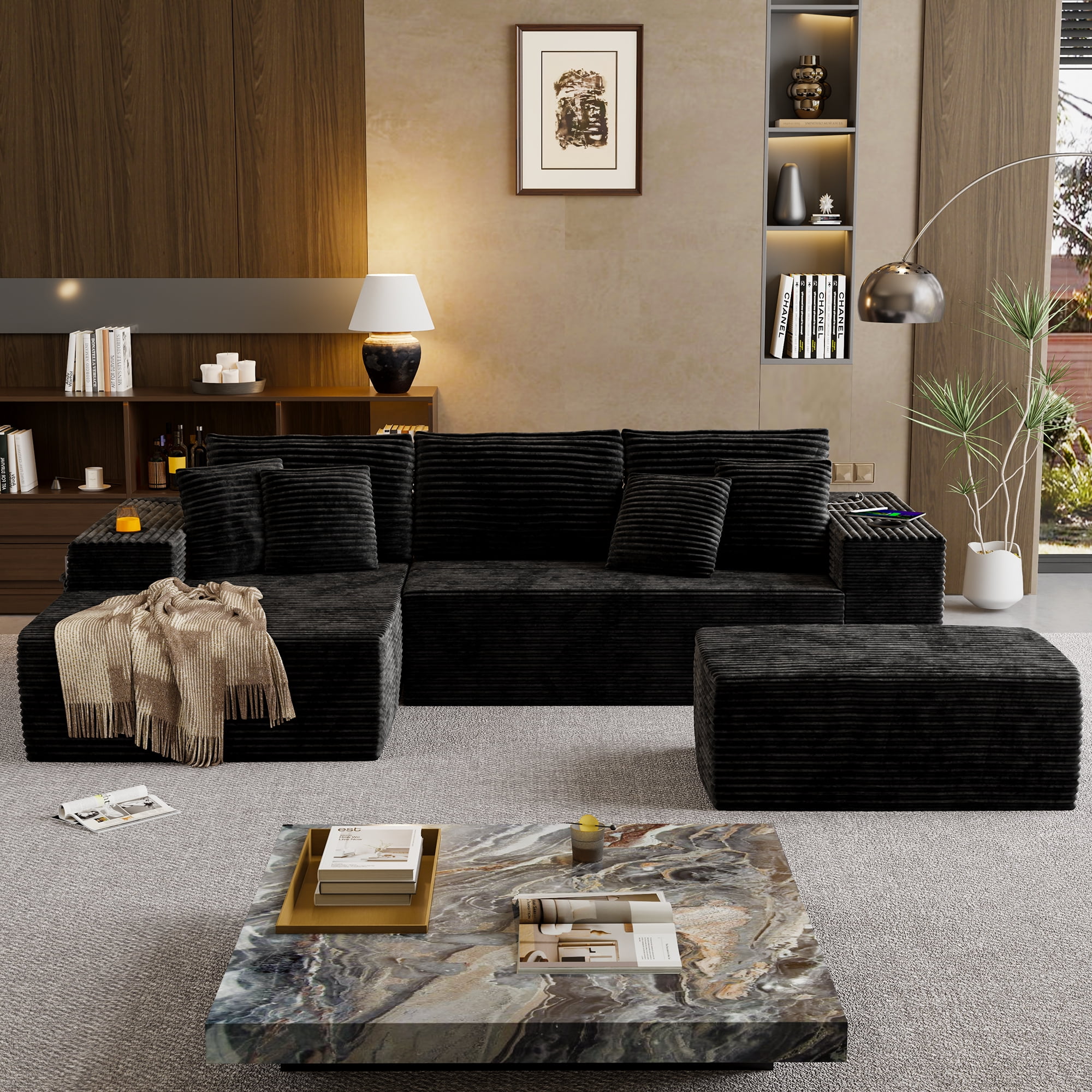 Vingud 104.3" Modular Sectional Sofa with Ottoman, Black Boneless Couch ...