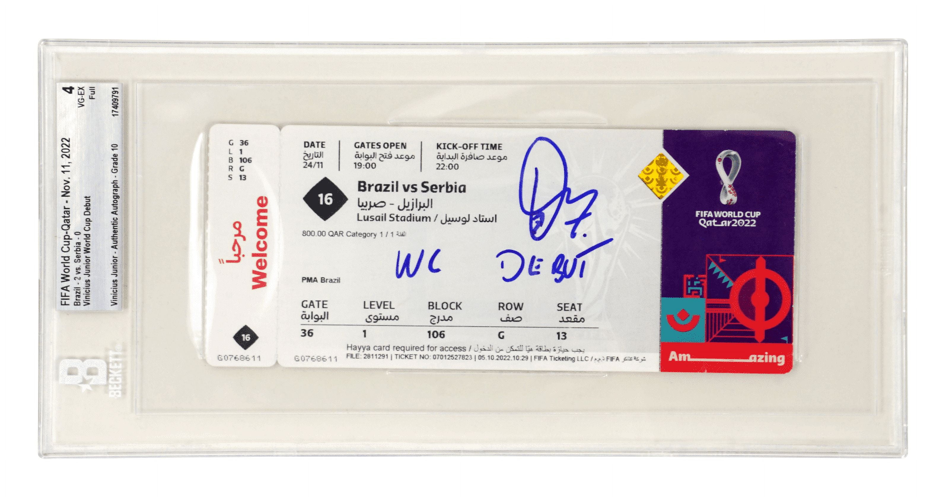 Vinicius Jr Signed 2022 FIFA World Cup Debut Match Ticket Inscribed ...